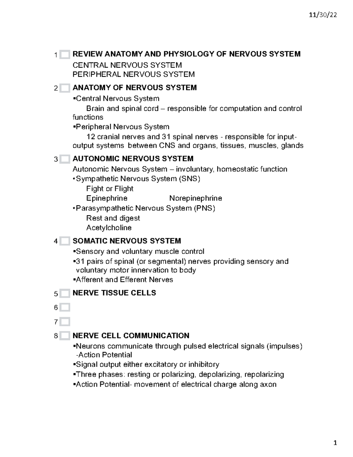 Nervous System Review 239 - 11/30/ 1 REVIEW ANATOMY AND PHYSIOLOGY OF ...