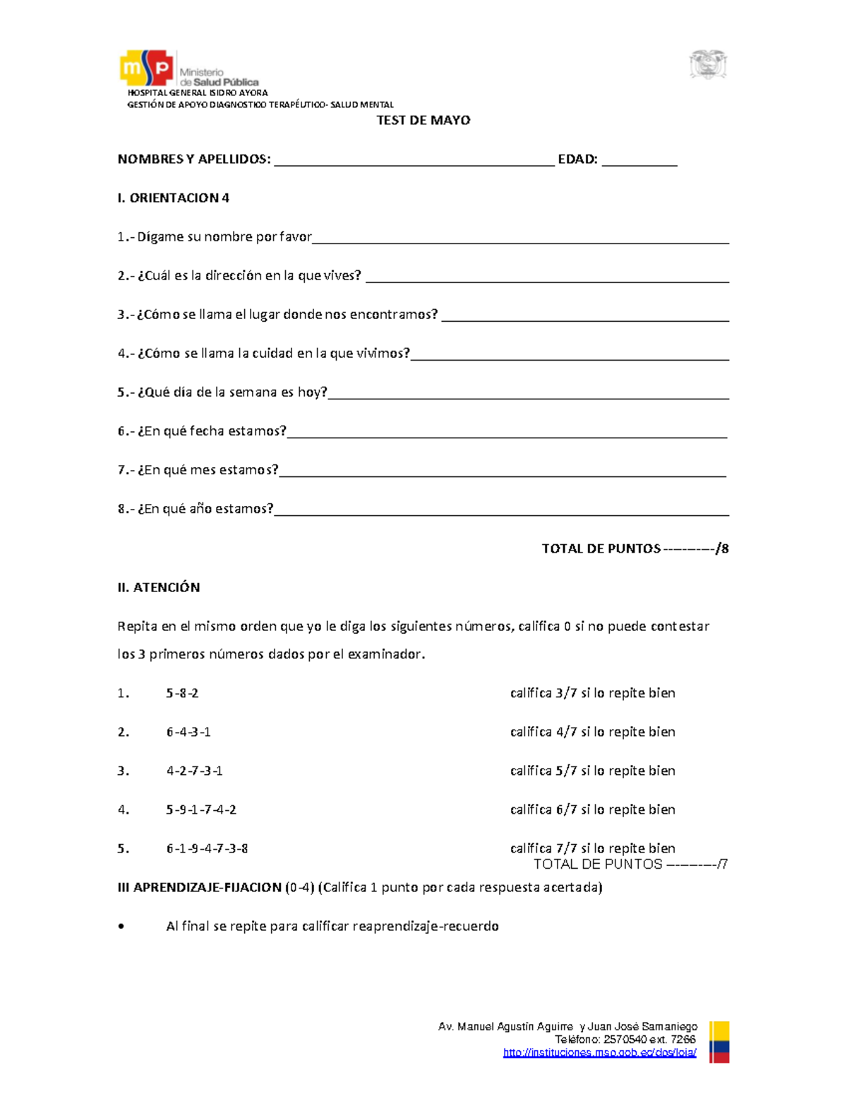 TEST DE MAYO PARA EVALUAR ORIENTACIÓN - HOSPITAL GENERAL ISIDRO AYORA ...