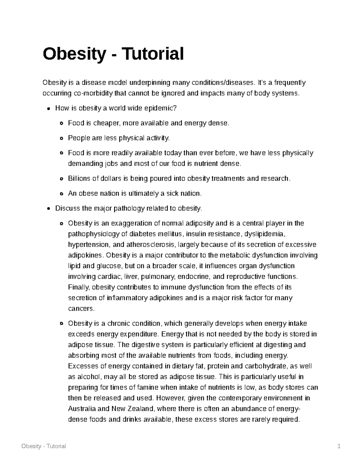 NURS1005 Obesity Tutorial - Obesity - Tutorial Obesity is a disease ...