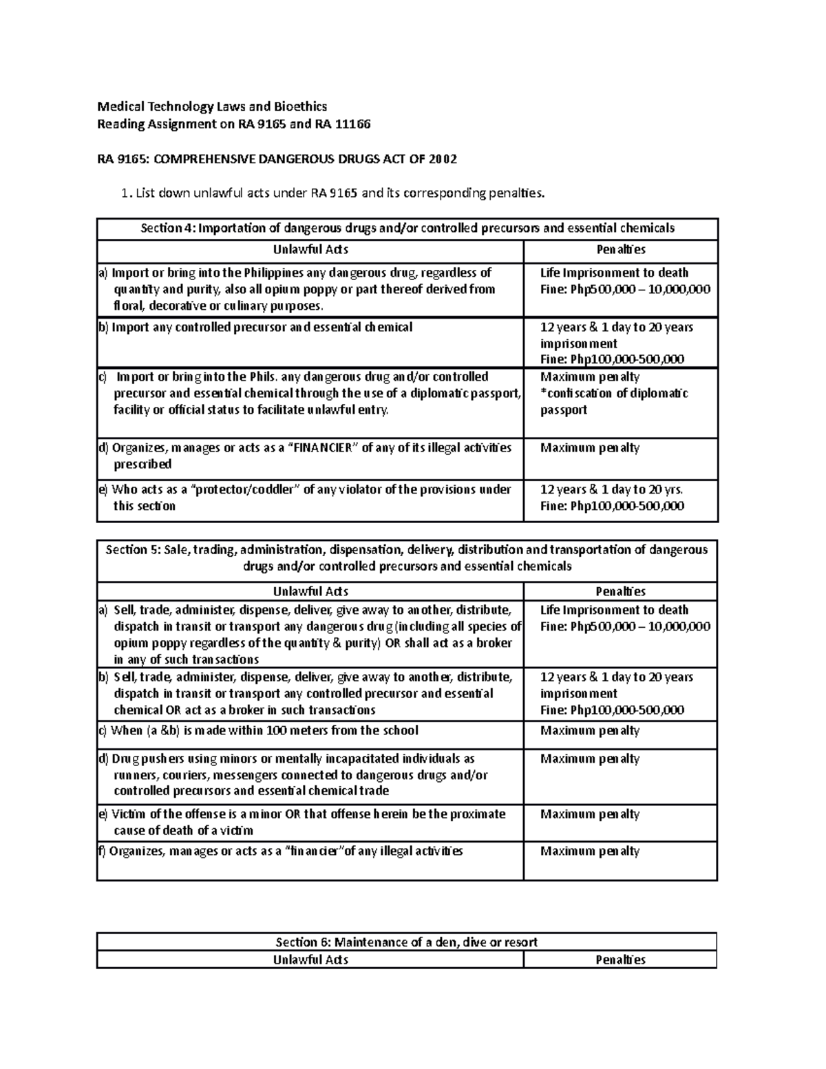 Medical Technology Laws and Bioethics Reading Assignment on RA 9165 and ...