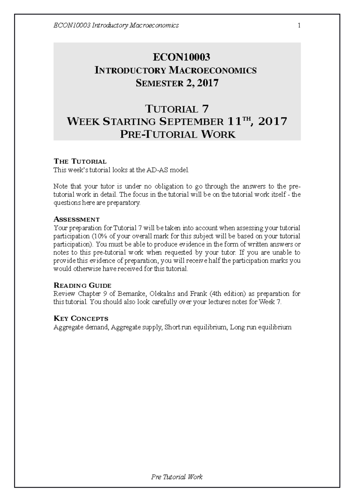 T7 pretutorial 2017 - Tutorial q&a - Introductory Macroeconomics 1 INTRODUCTORY MACROECONOMICS ...