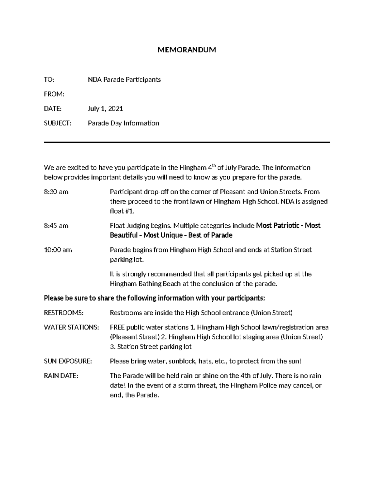 2021 4th of July Parade Information - MEMORANDUM TO: NDA Parade ...