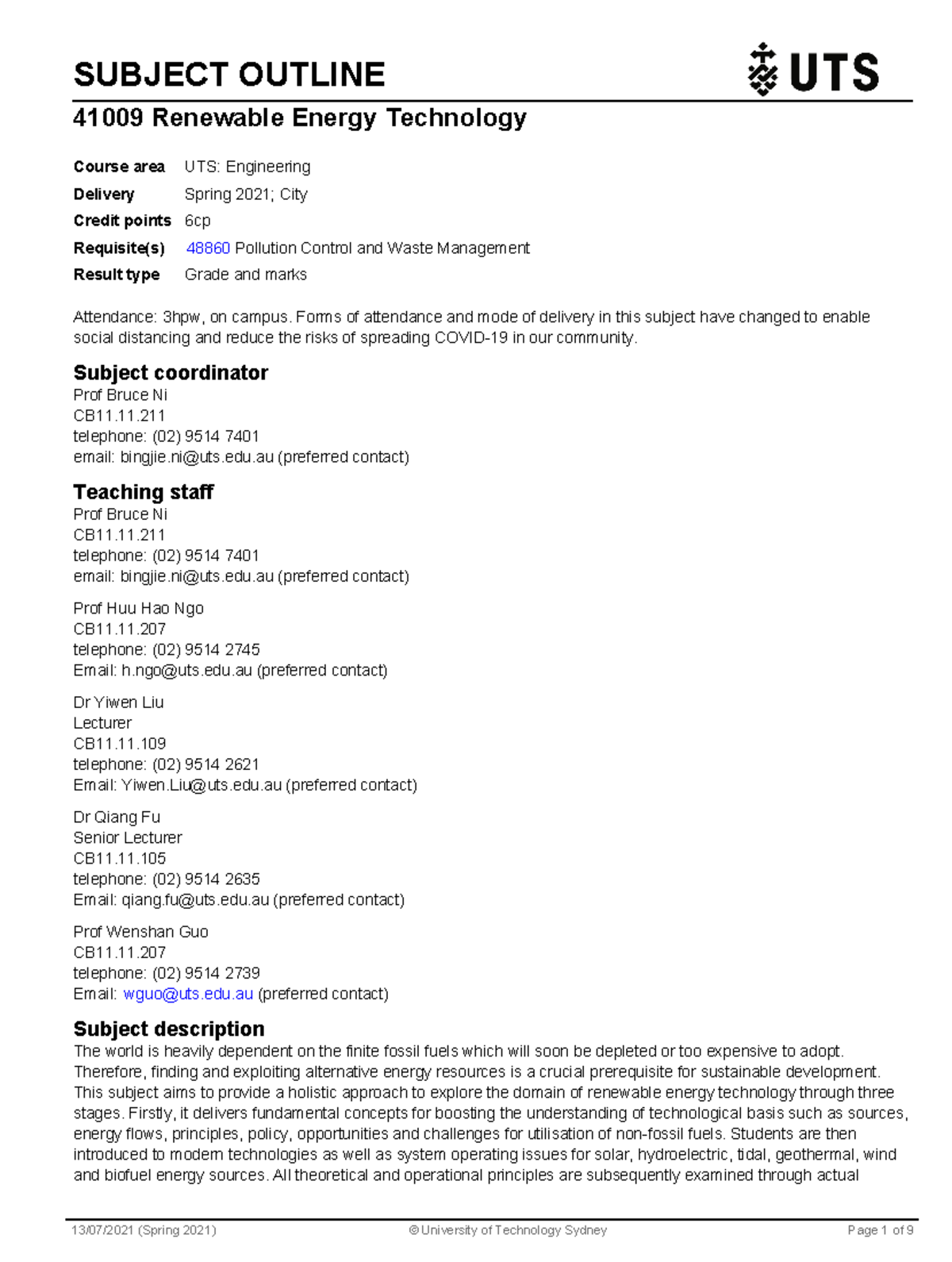 UTS 2021 Spring 41009 Renewable Energy Technology - SUBJECT OUTLINE ...