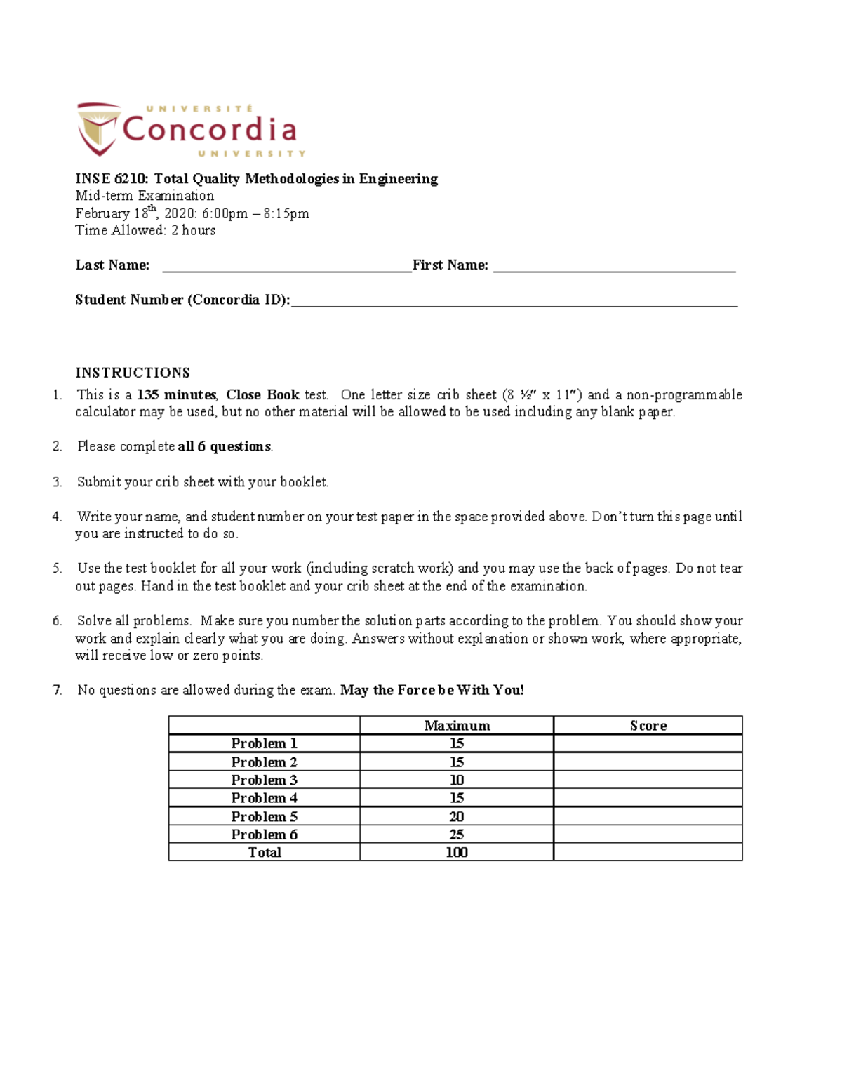 INSE-6210 Midterm Exam Sample - INSE 6210: Total Quality Methodologies in Engineering Mid-term ...