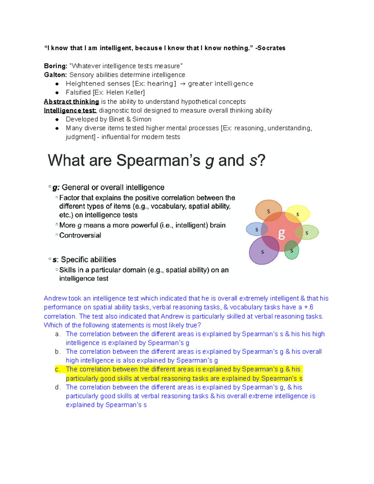 Intelligence - ENTIRE semester notes are submitted - “I know that I am ...