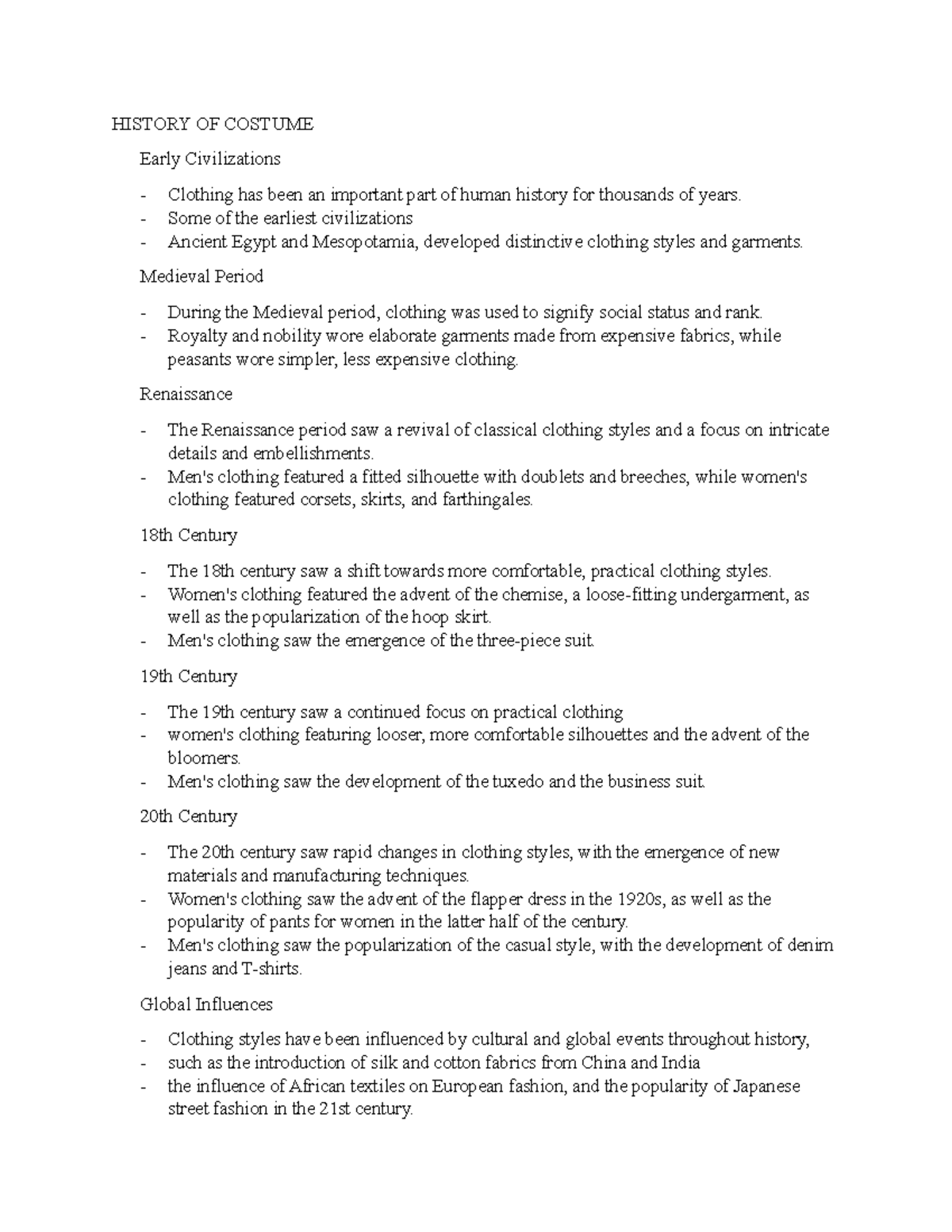 History OF Costume Notes 1 - HISTORY OF COSTUME Early Civilizations ...