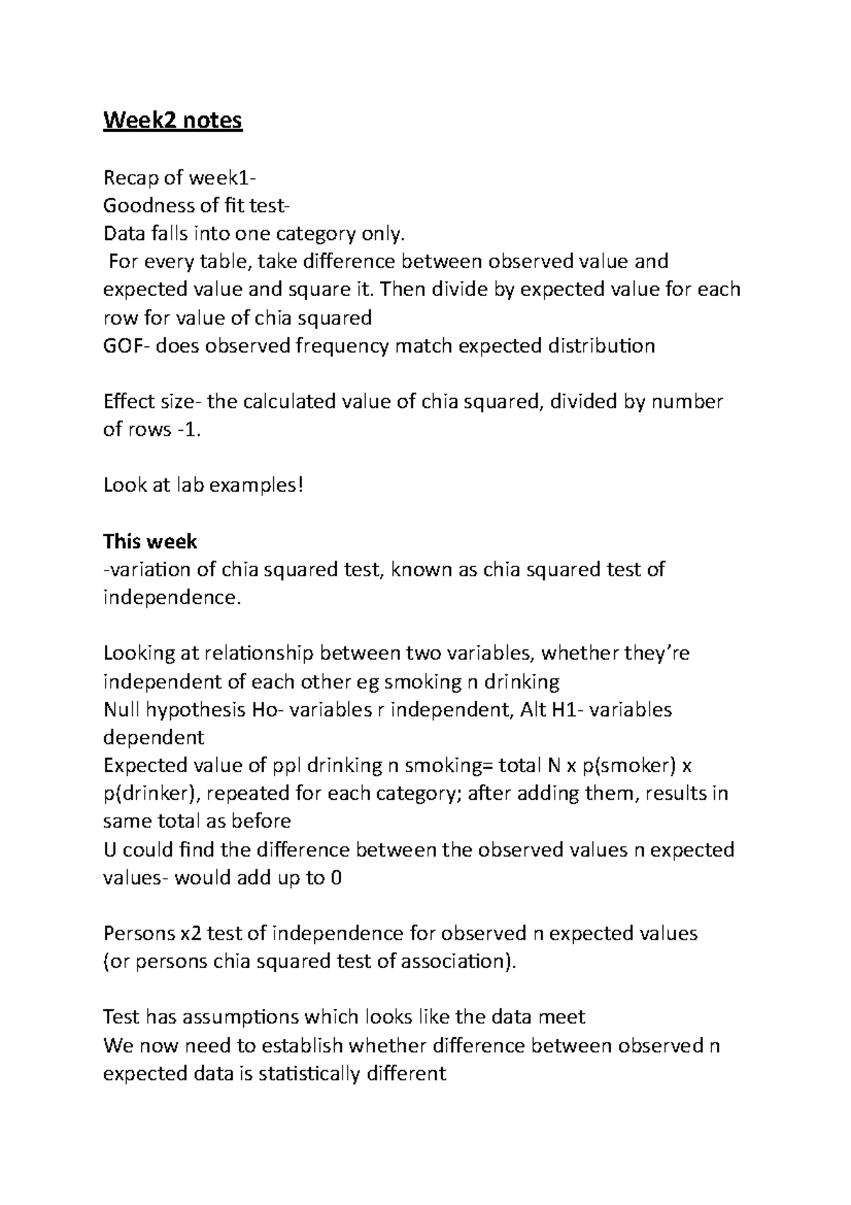 Week2 notes - work - Week2 notes Recap of week1- Goodness of fit test ...
