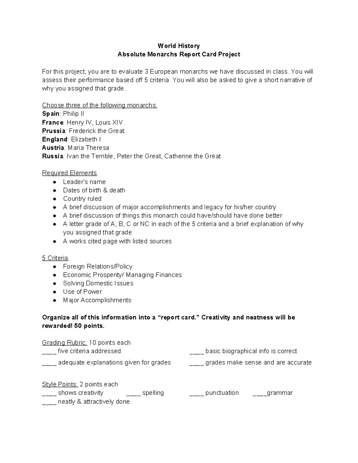 Absolute monarchs report card project - World History Absolute Monarchs ...