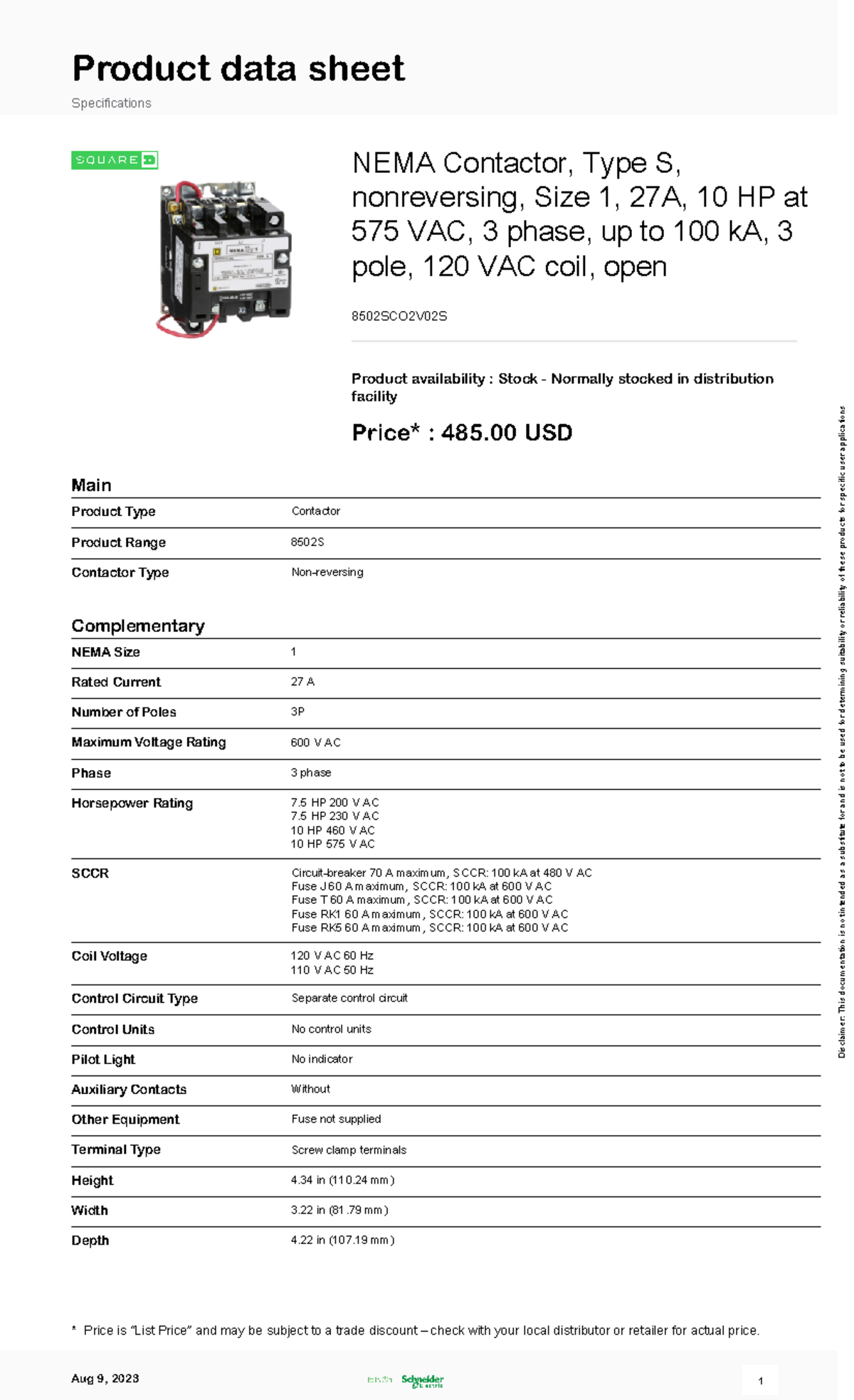 Type S Contactors 8502SCO2V02S - Product data sheet Specifications NEMA ...