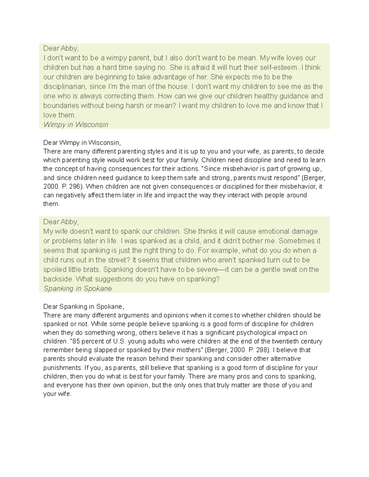 Ch10 dear abby letters - Dear Abby, I don’t want to be a wimpy parent ...