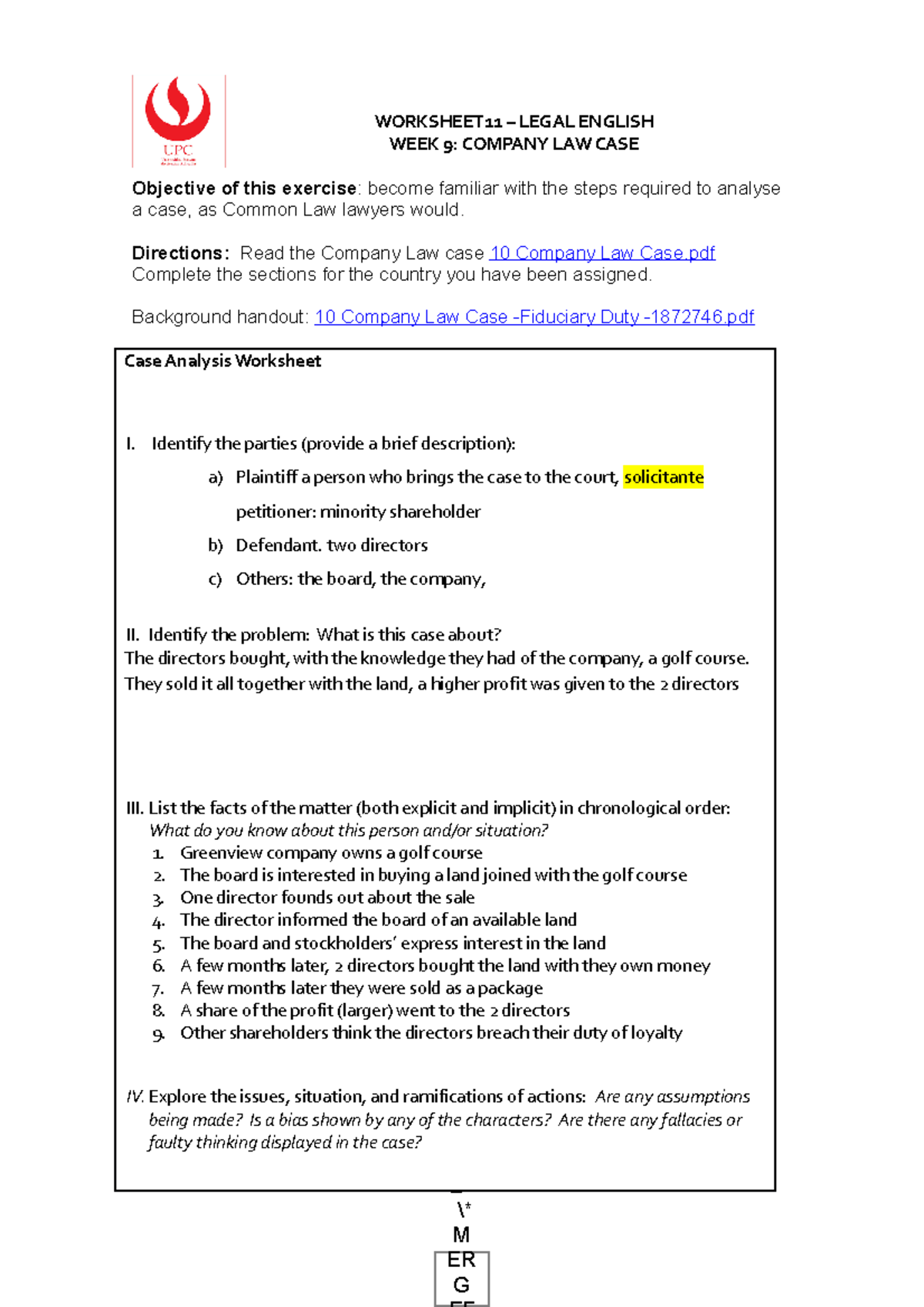 10 Worksheet 11 Company Law Case Analysis Template - PA G E * M ER ...