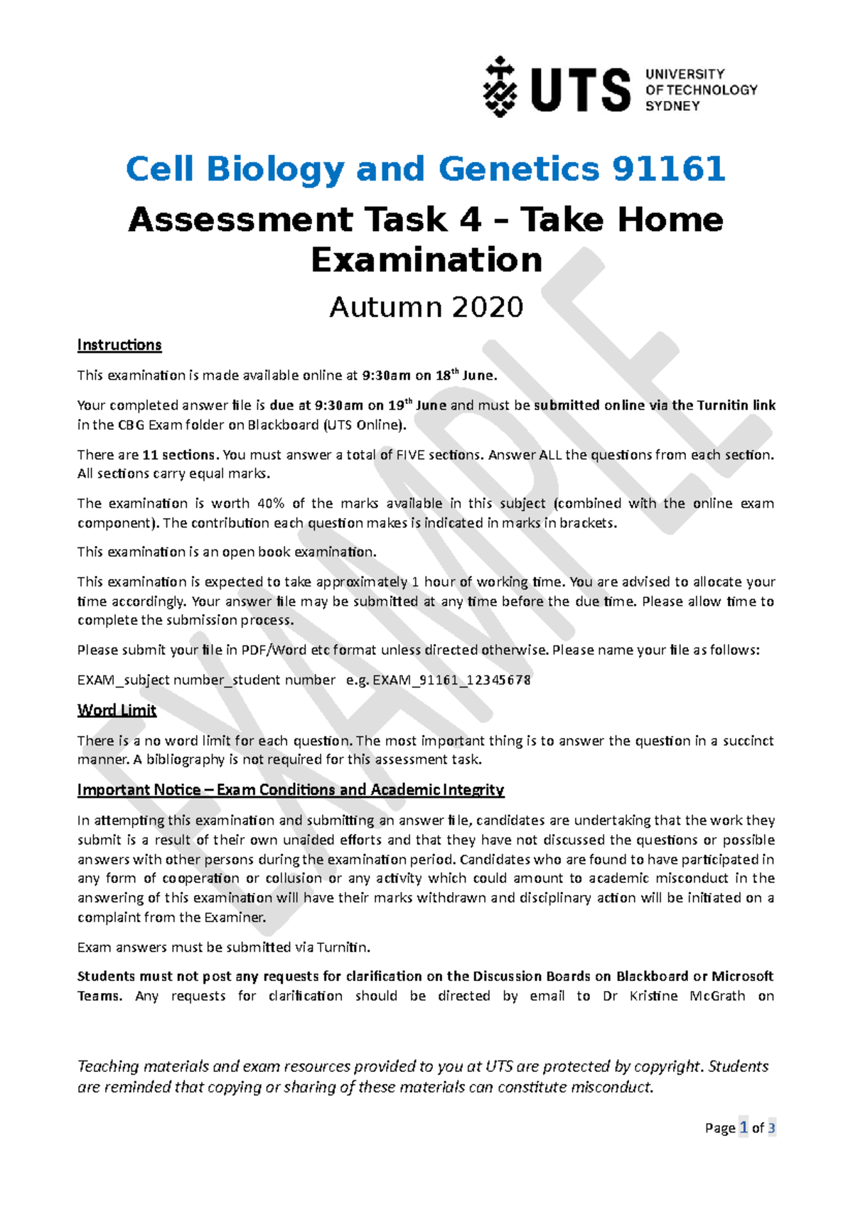 Example of Short Answer component-V1 - Cell Biology and Genetics 91161 ...