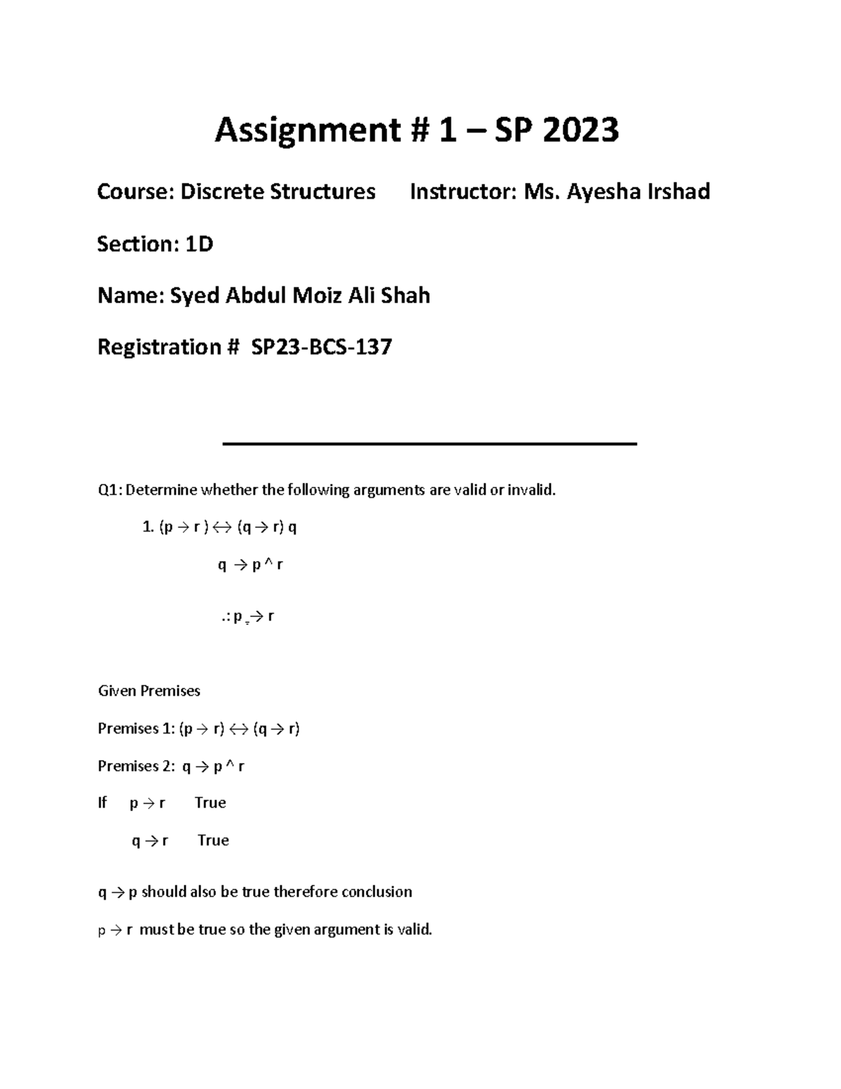 Assignment Moiz - Assignment # 1 – SP 2023 Course: Discrete Structures ... Assignment Moiz - Assignment # 1 – SP 2023 Course: Discrete Structures ...