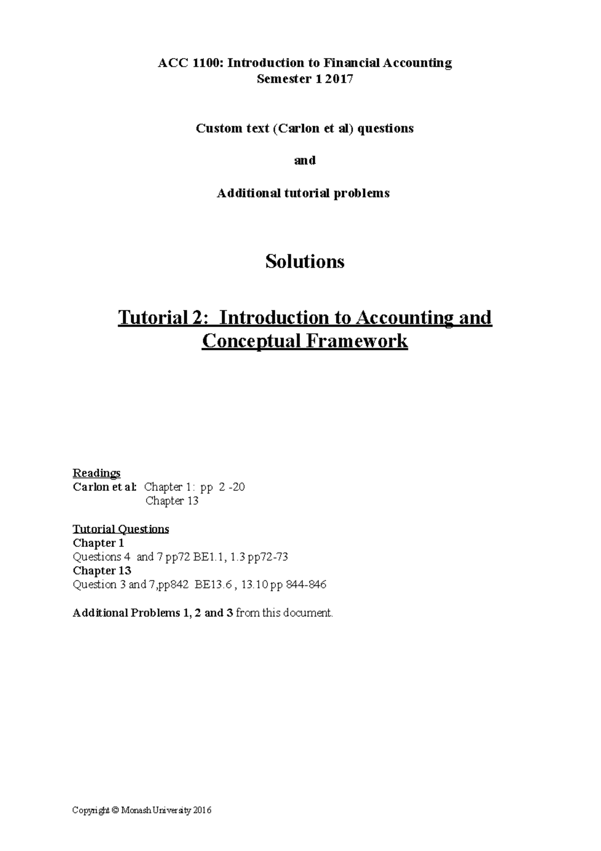 Tute 2 Solutions ACC ACF1100 S1 2017 - ACC 1100: Introduction to ...