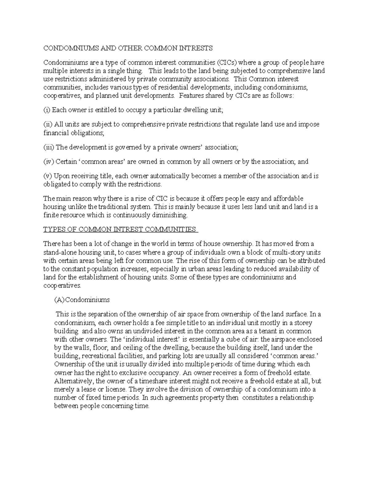 Condomniums - Summary property theory - CONDOMNIUMS AND OTHER COMMON ...