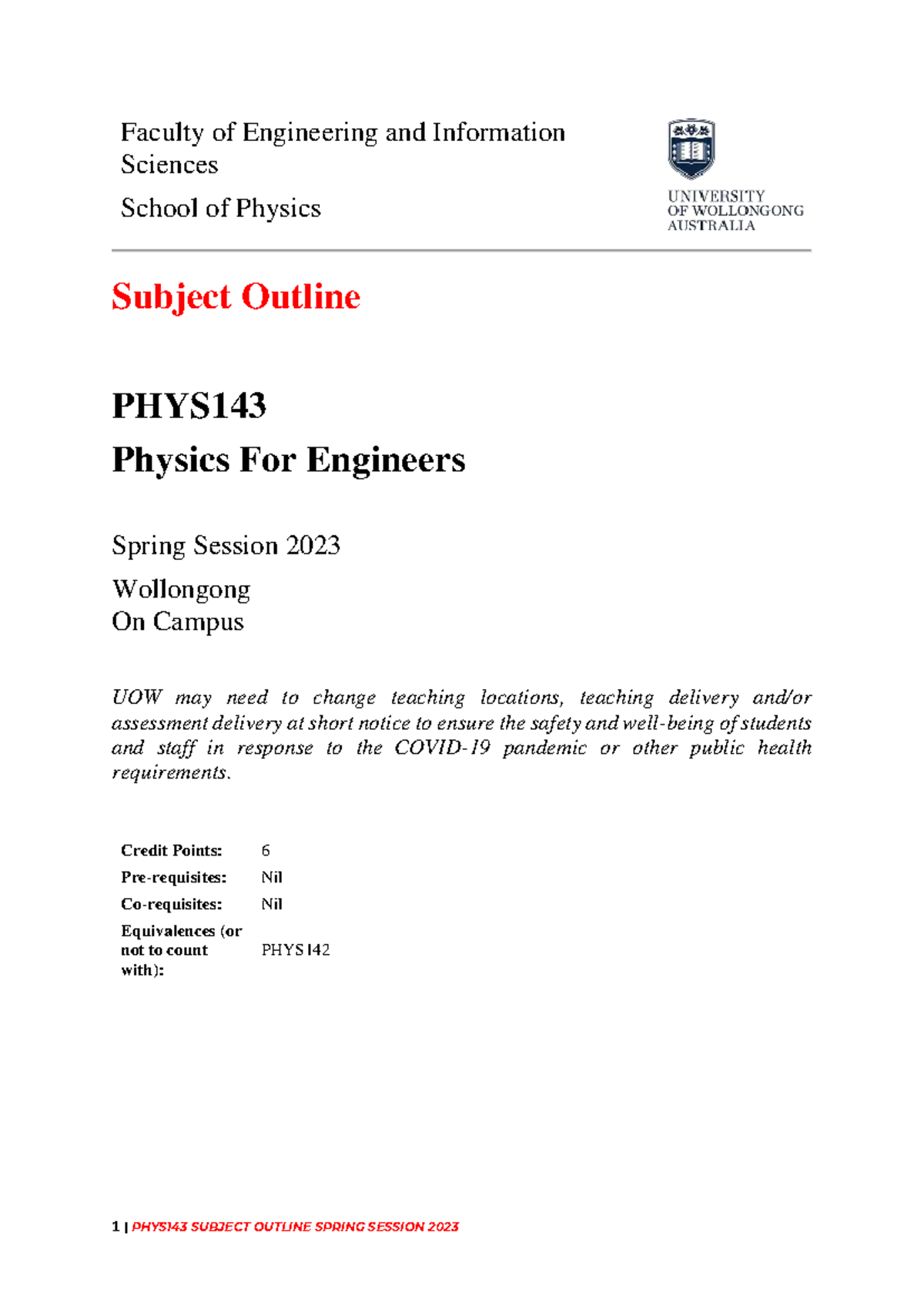 PHYS143 Subject Outline Spring 2023 - Faculty of Engineering and ...