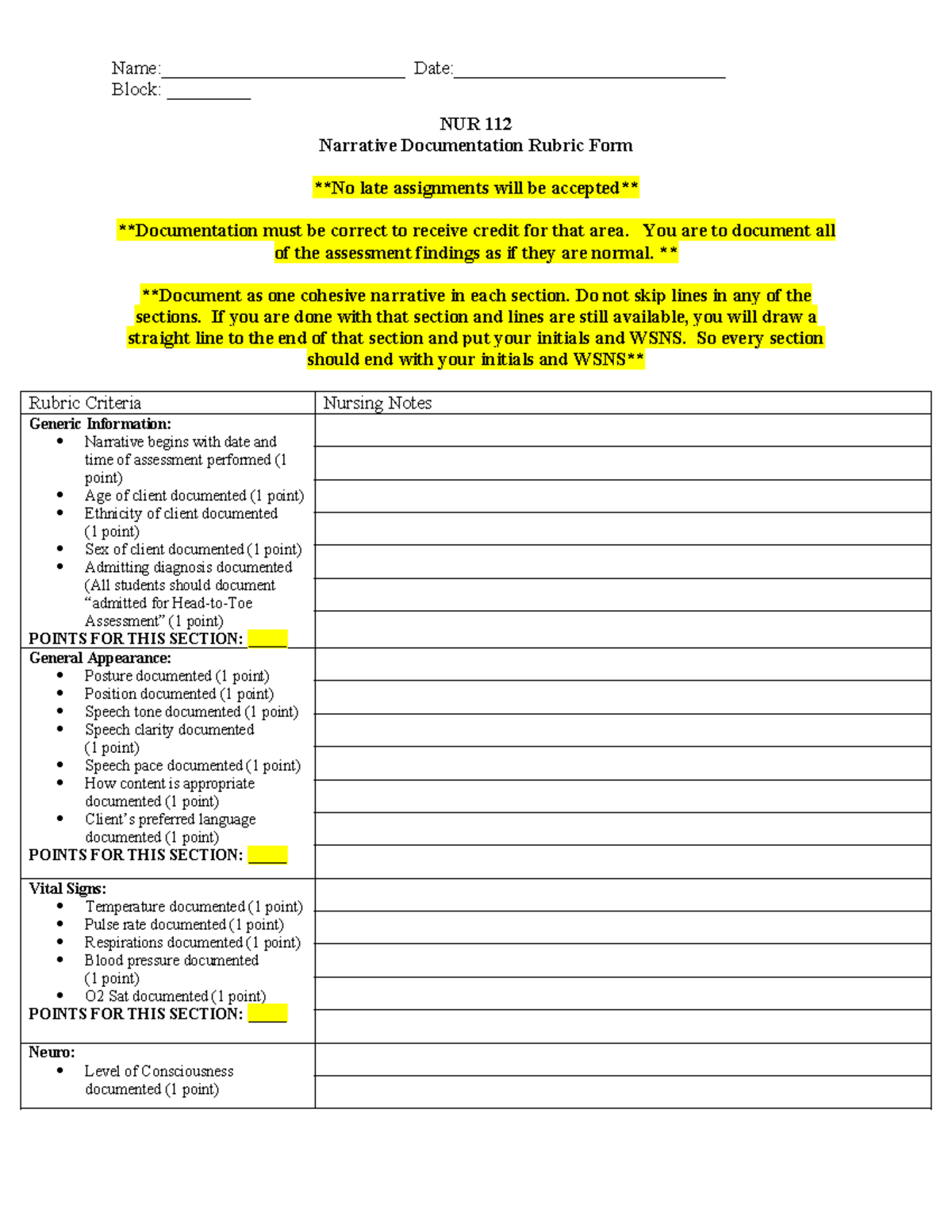 Updated Narrative Assignment Rubric Fall 24 - Block: _________ NUR 112 Narrative Documentation ...