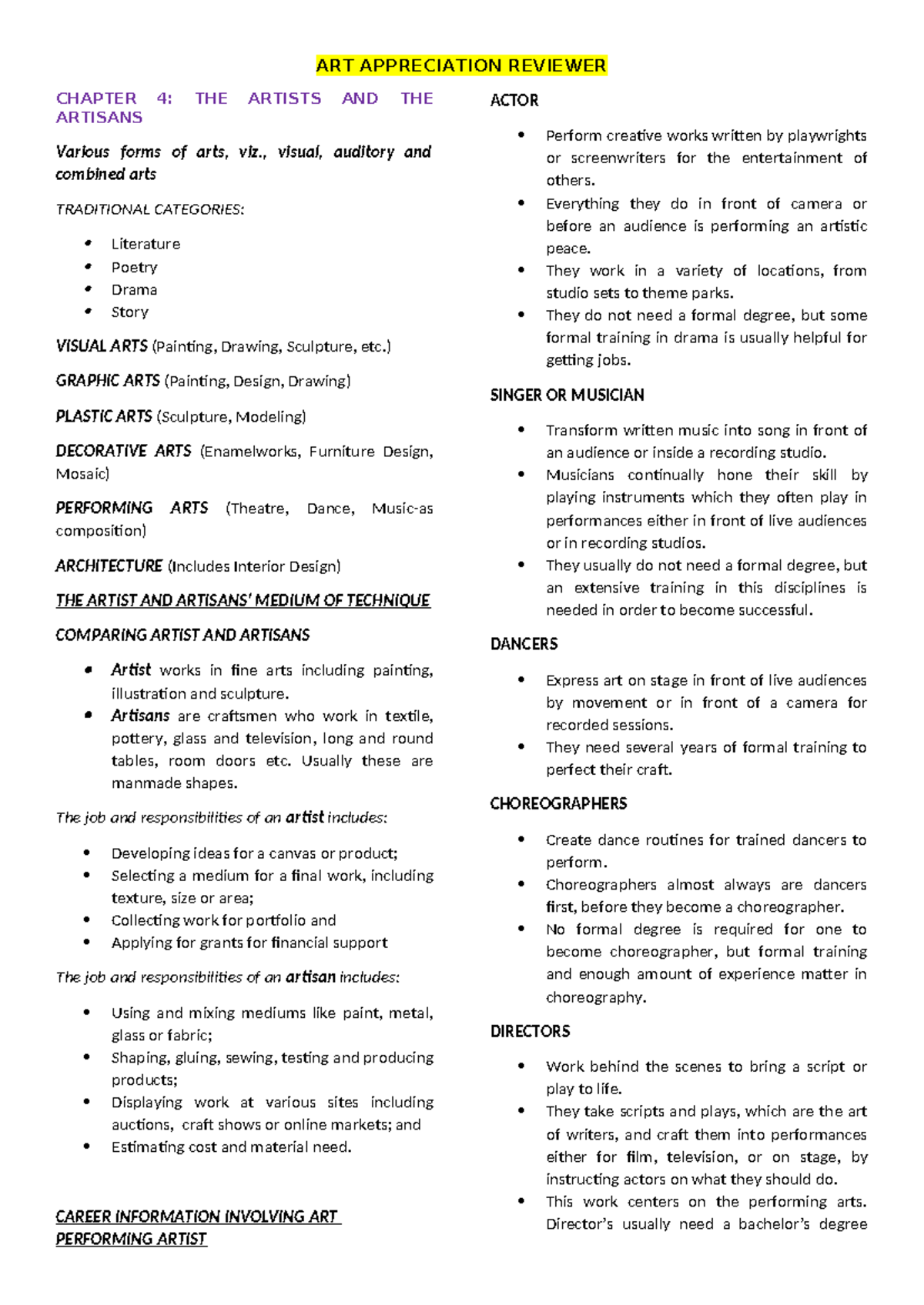 ART APP Reviewer (4-6) (Autosaved) - ART APPRECIATION REVIEWER CHAPTER ...