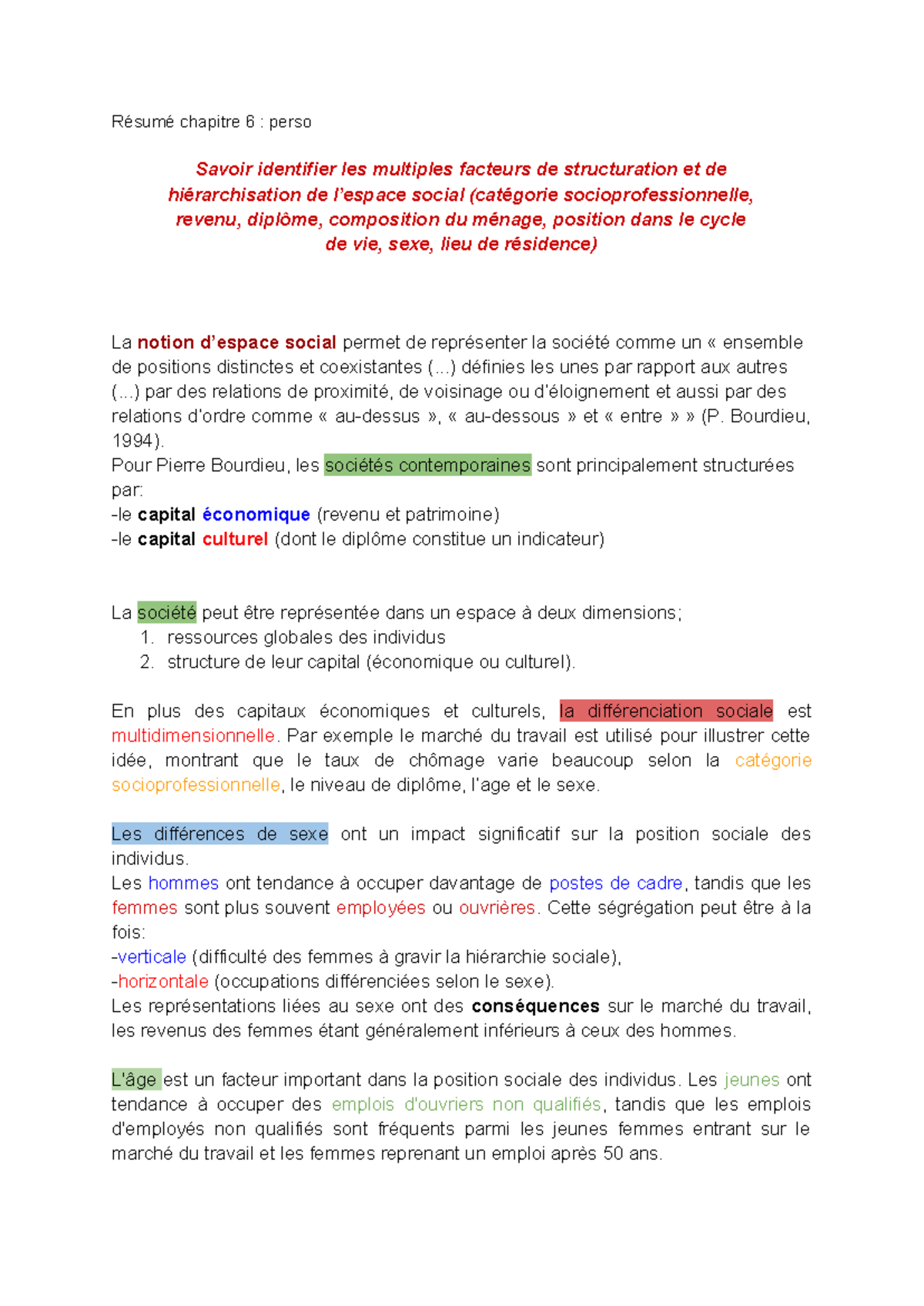 CHAP.6 Structure Sociale SES Terminale - Résumé chapitre 6 : perso Savoir identifier les ...