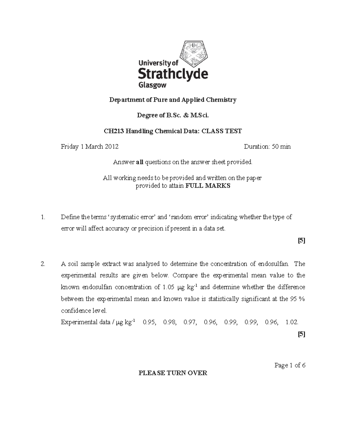 handling chemical data past test - Department of Pure and Applied ...