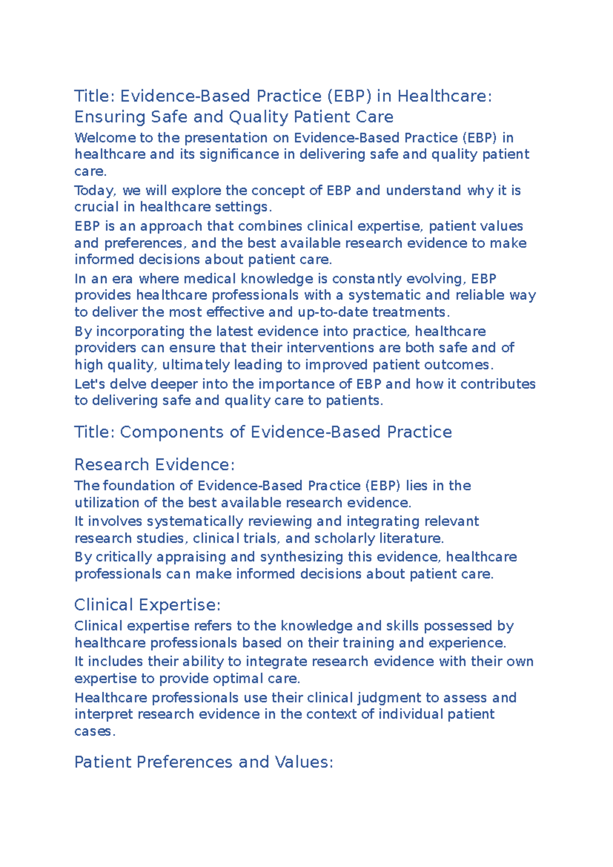 EBP presentation - Title: Evidence-Based Practice (EBP) in Healthcare ...