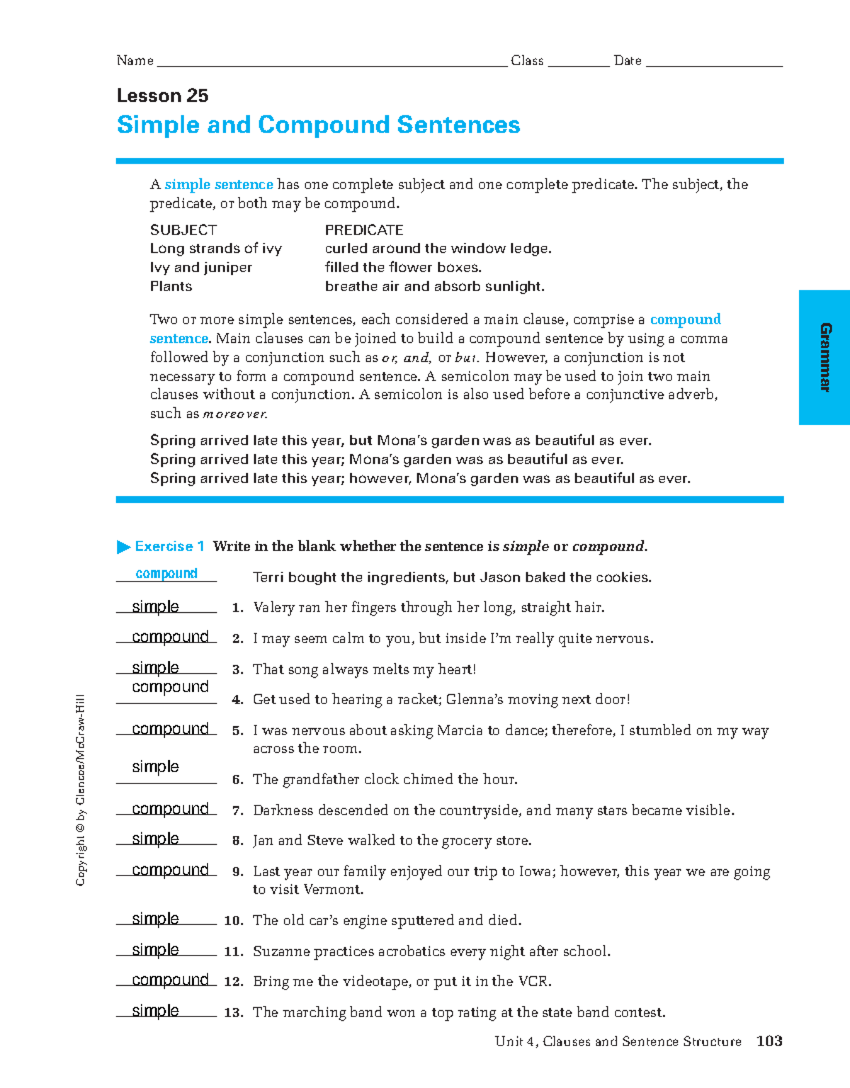 Simple, Compound, Complex, Compound-Complex Worksheet - Lesson 25 ...