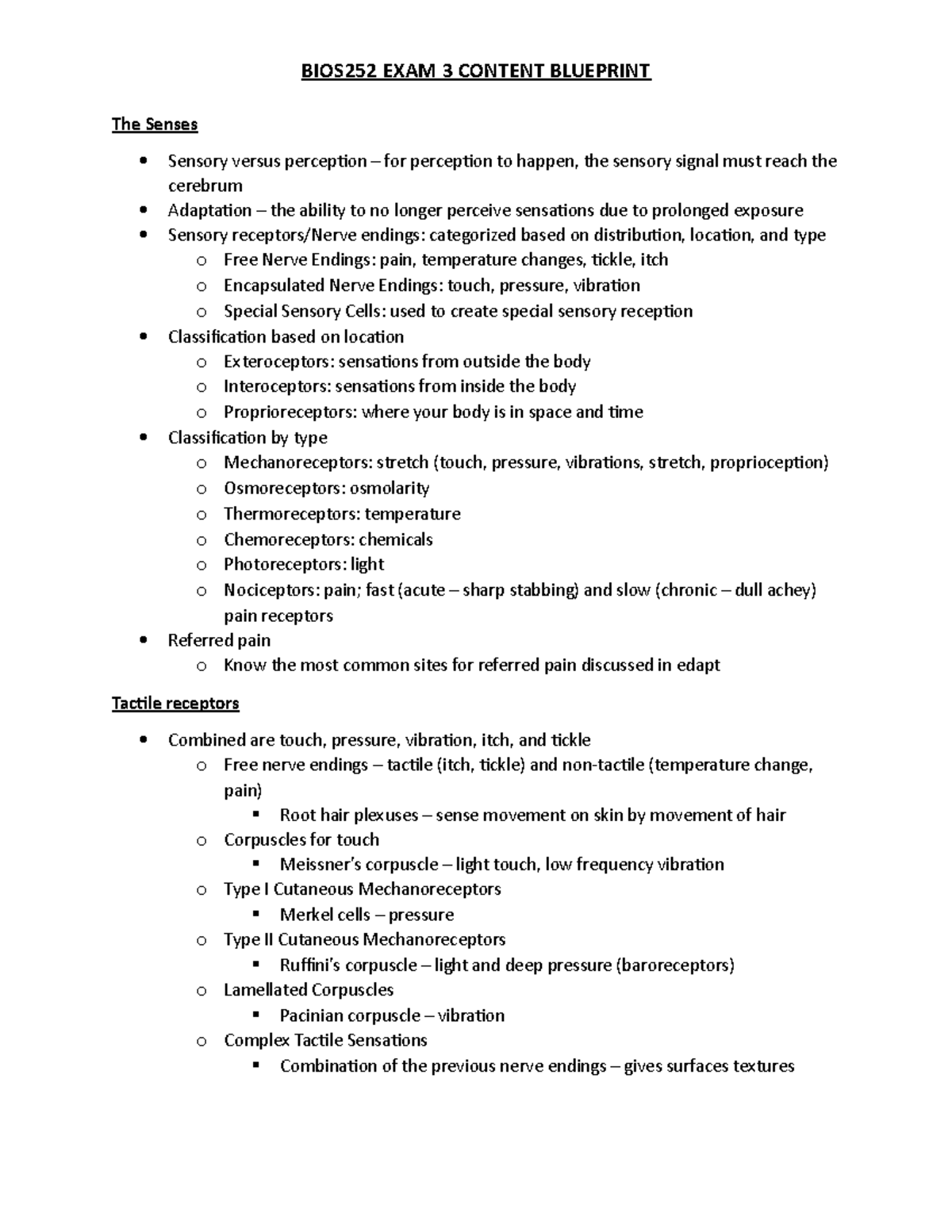 Exam 3 Study Guide - The Senses Sensory versus perception – for ...