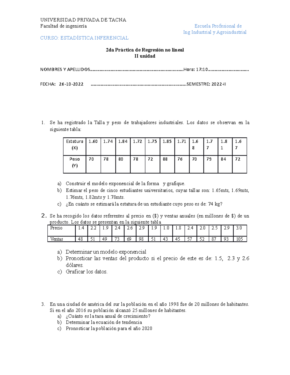 2da Pract estad Inferencial unidad II 22-2 - UNIVERSIDAD PRIVADA DE ...