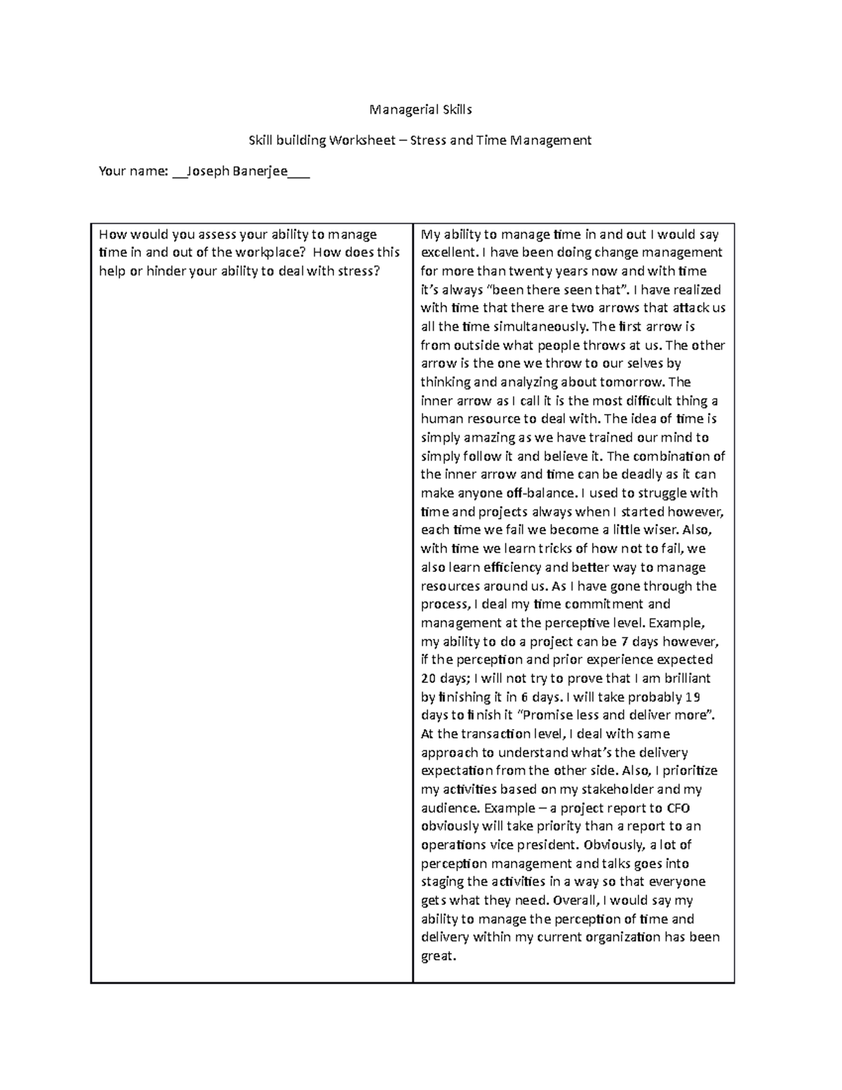 Management Skills Stress and Time Management Worksheet - Managerial ...