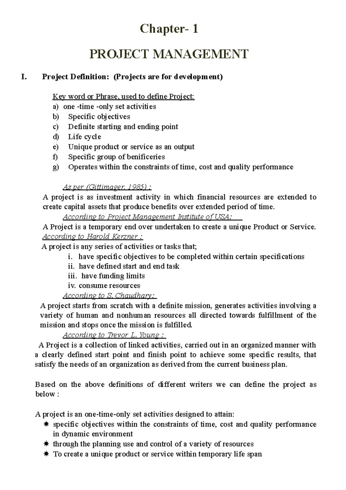 Project Management Notes - Chapter- 1 PROJECT MANAGEMENT I. Project ...