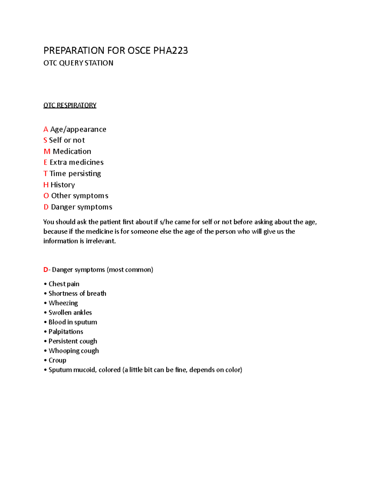 OSCE OTC Respiratory - PREPARATION FOR OSCE PHA OTC QUERY STATION OTC ...