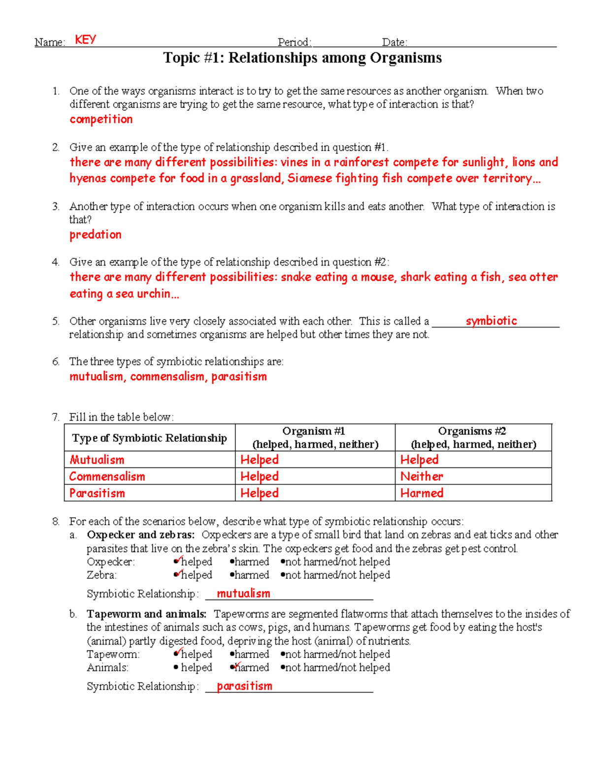Topic 1 interactions key - Name: Period: Date: Topic #1: Relationships ...
