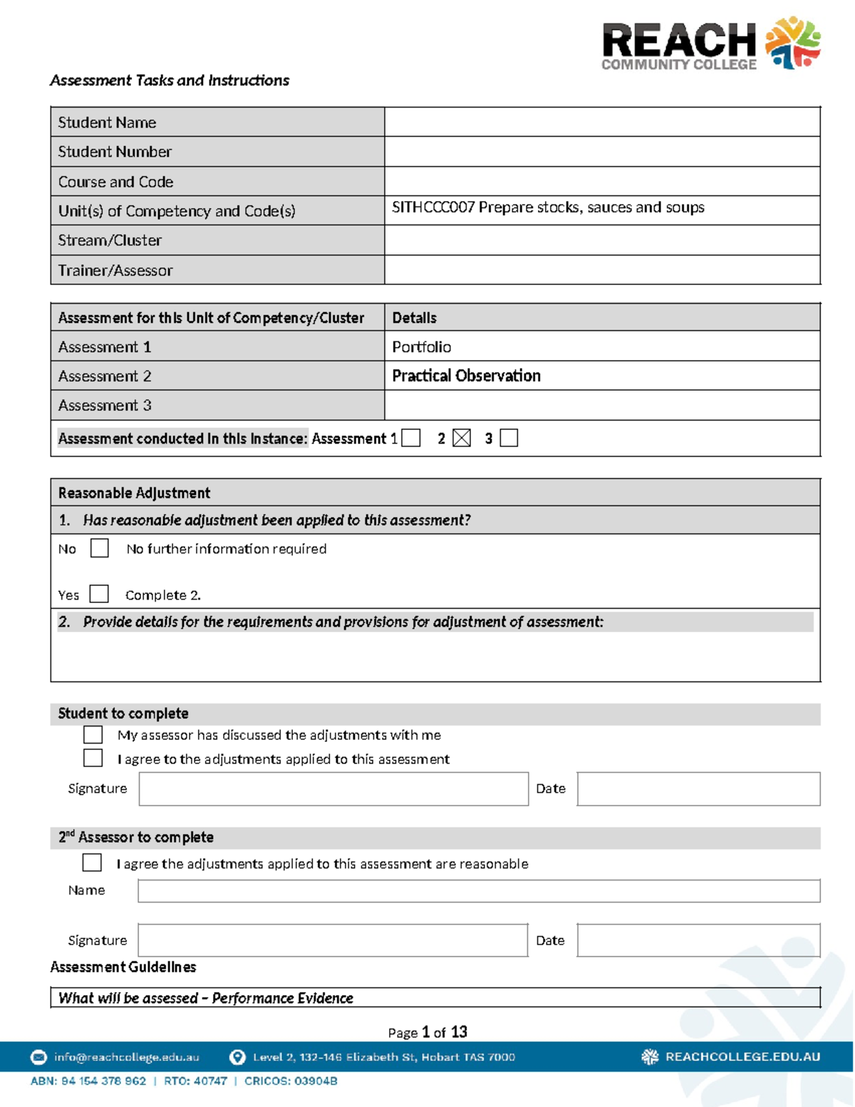 Sithccc 007 Assessment 2 -Practical Observation - Assessment Tasks and Instructions Student Name ...