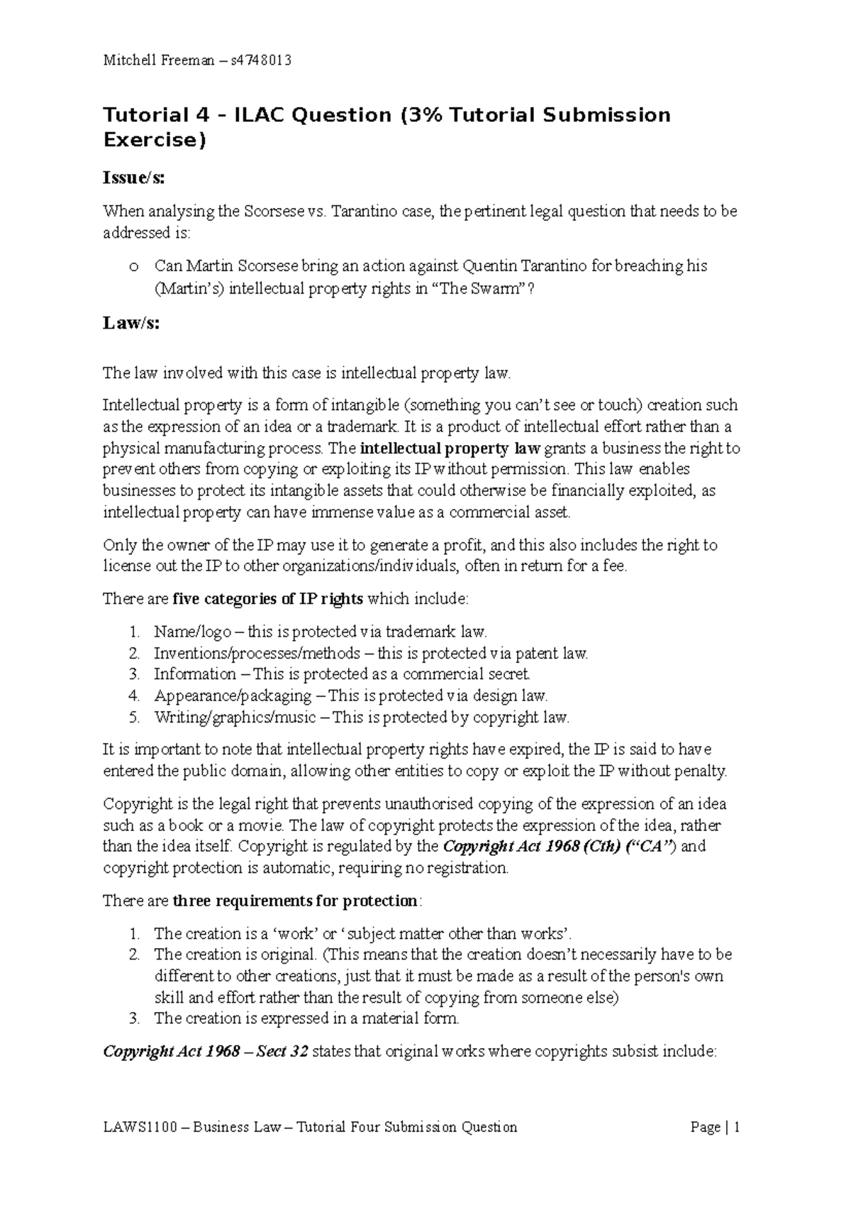 Tutorial Four ILAC Submission - Tutorial 4 – ILAC Question (3% Tutorial Submission Exercise ...