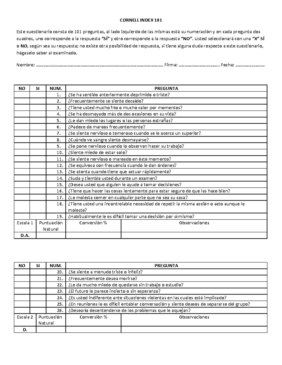 133452169 Cornell Index 101 - CORNELL INDEX 101 Este cuestionario ...