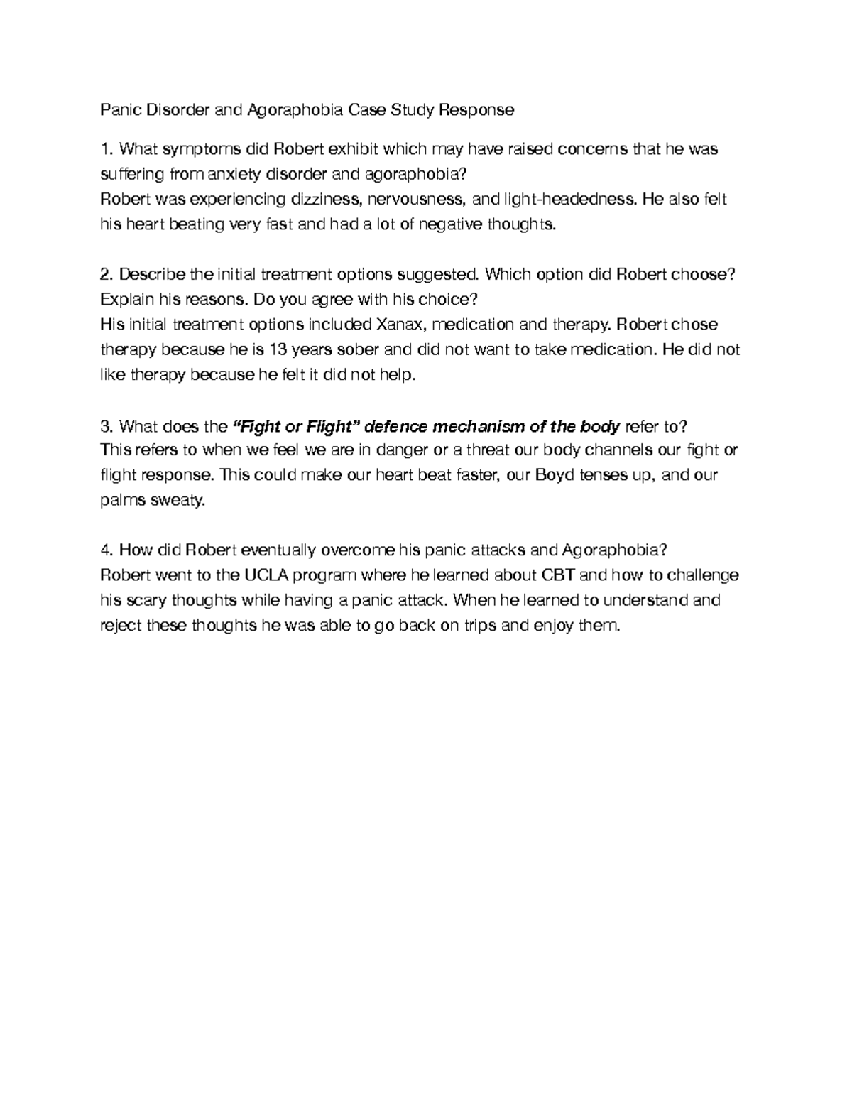 Panic Disorder and Agoraphobia Case Study Response - He also felt his ...
