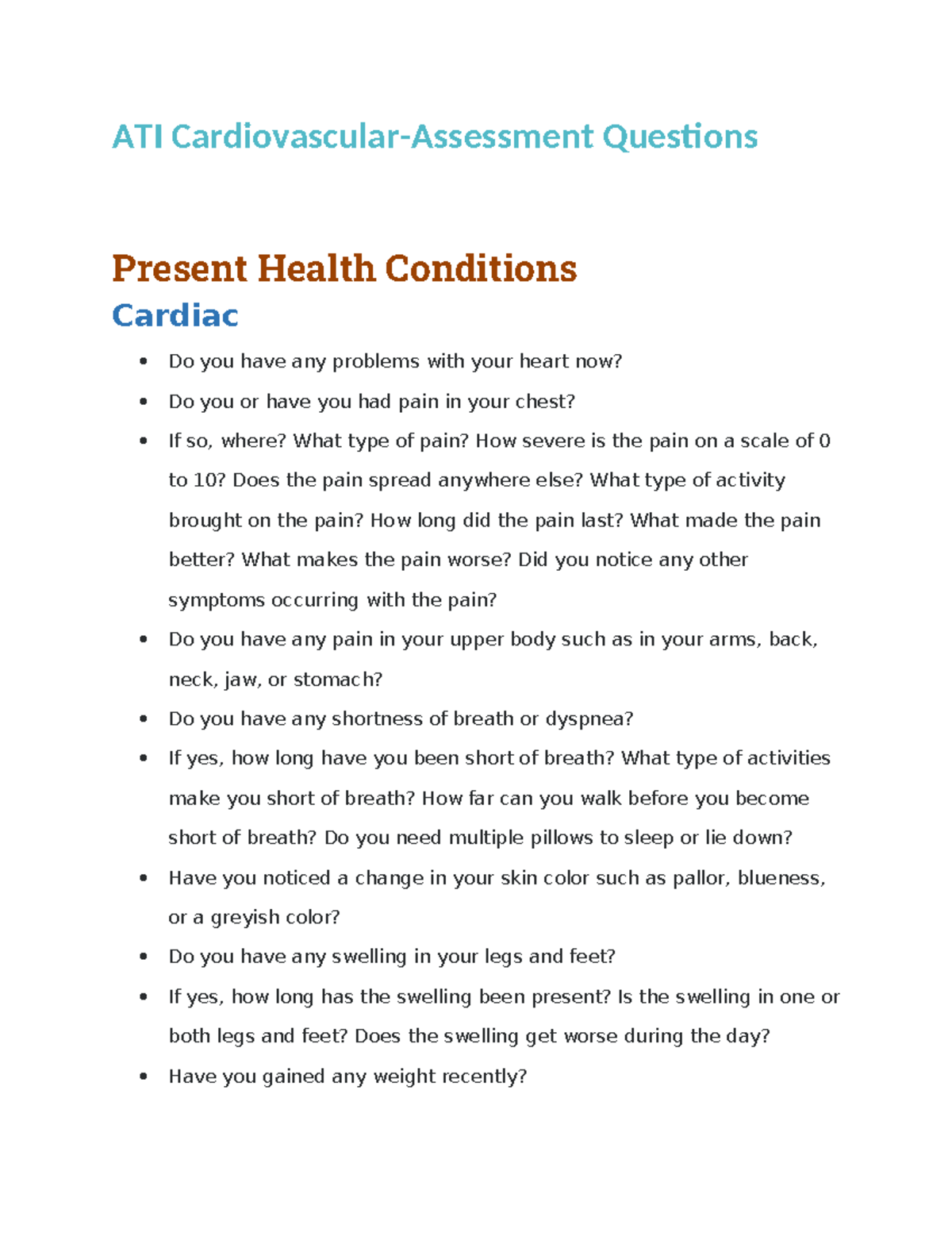 ATI Cardio assessment 2 - ATI Cardiovascular-Assessment Questions ...