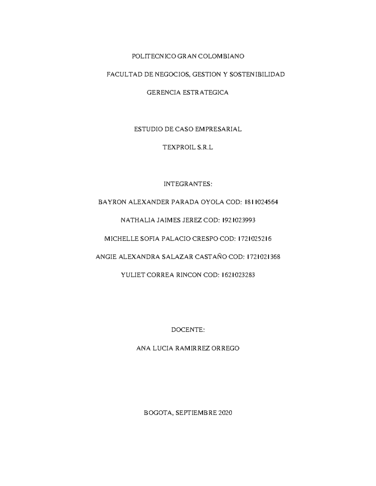 Texproil- Gerencia estrategica trabajo 2020 - Gerencia Estratégica ...