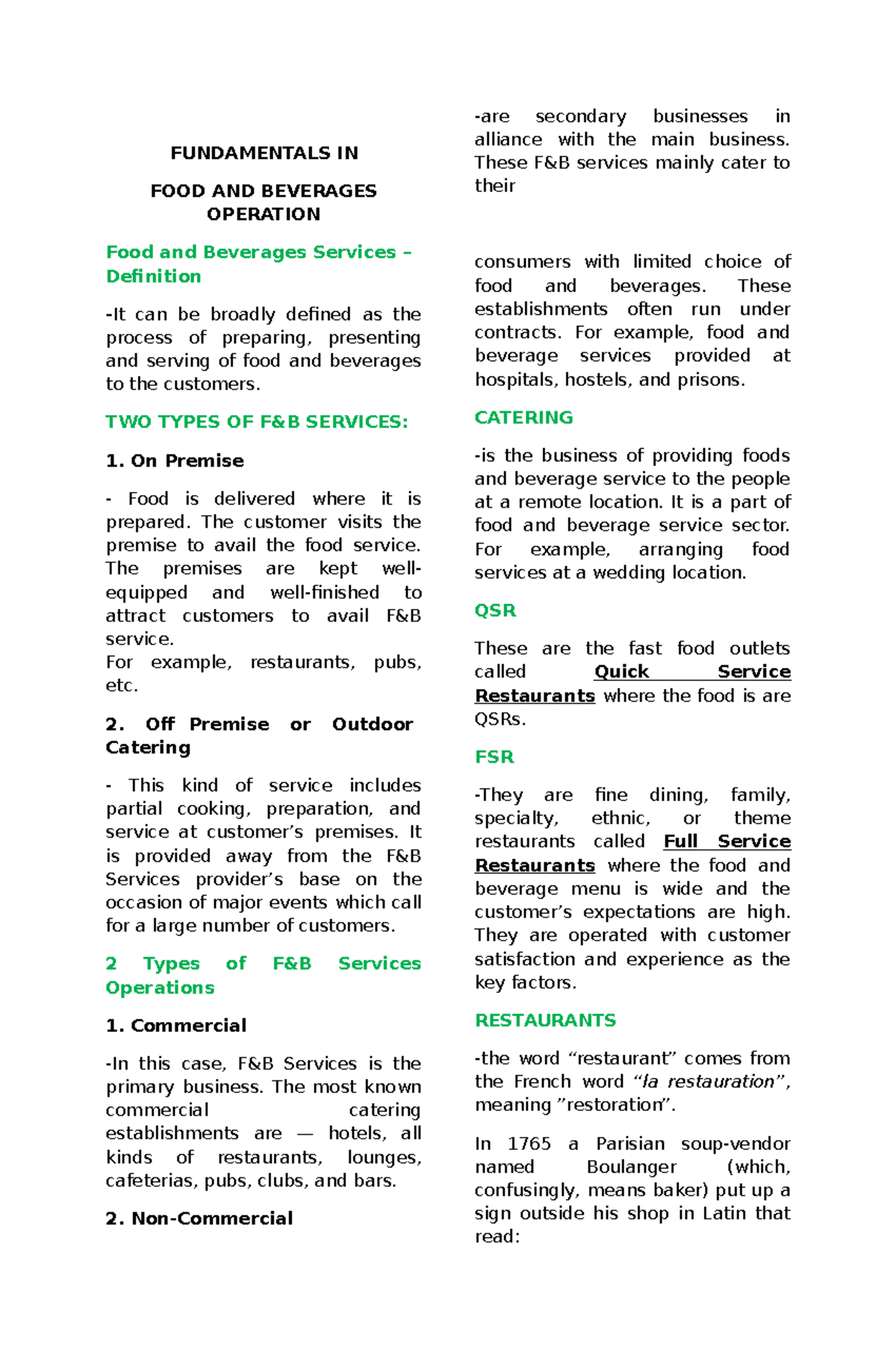 FOOD AND Beverages - FUNDAMENTALS IN FOOD AND BEVERAGES OPERATION Food ...