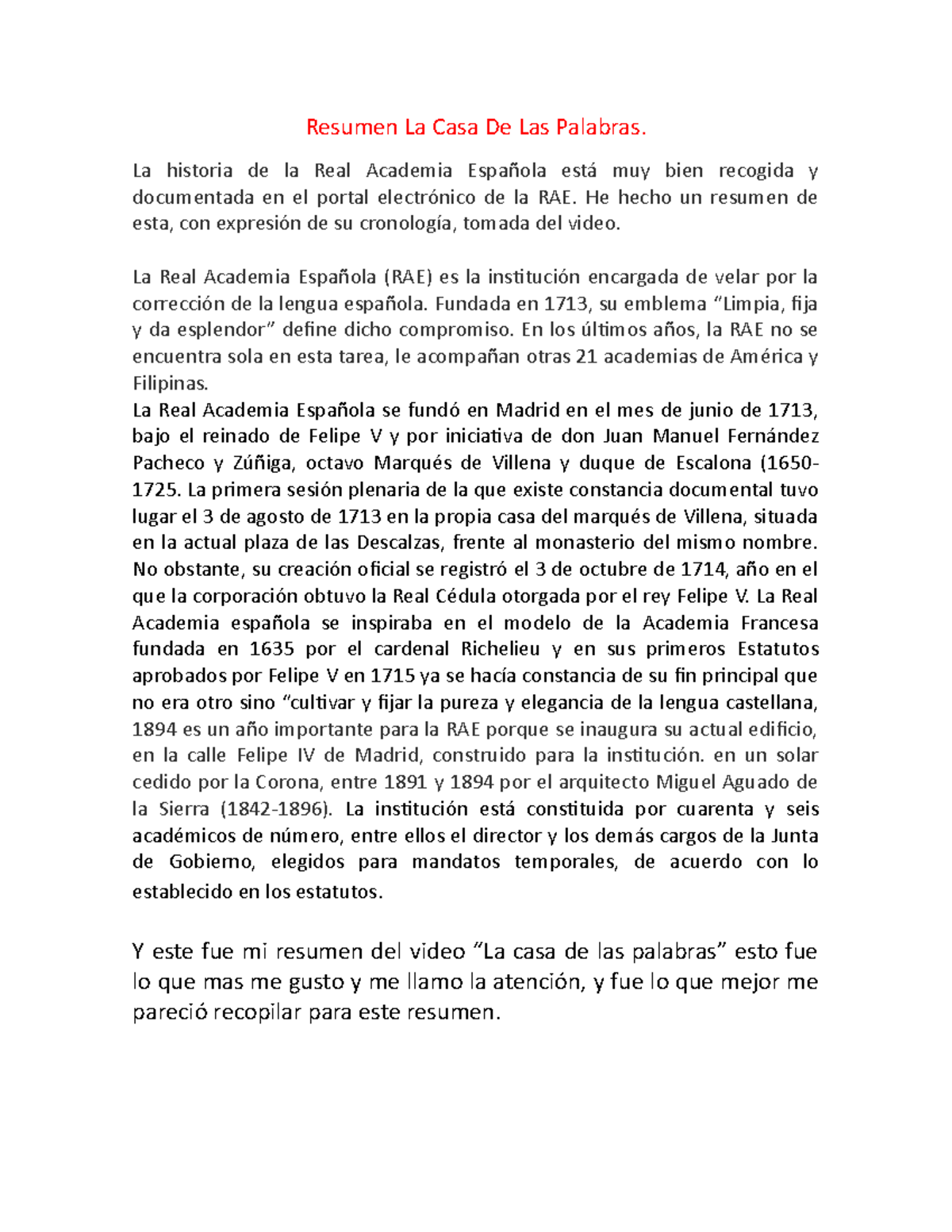 Resumen La Casa De Las Palabras - La historia de la Real Academia ...