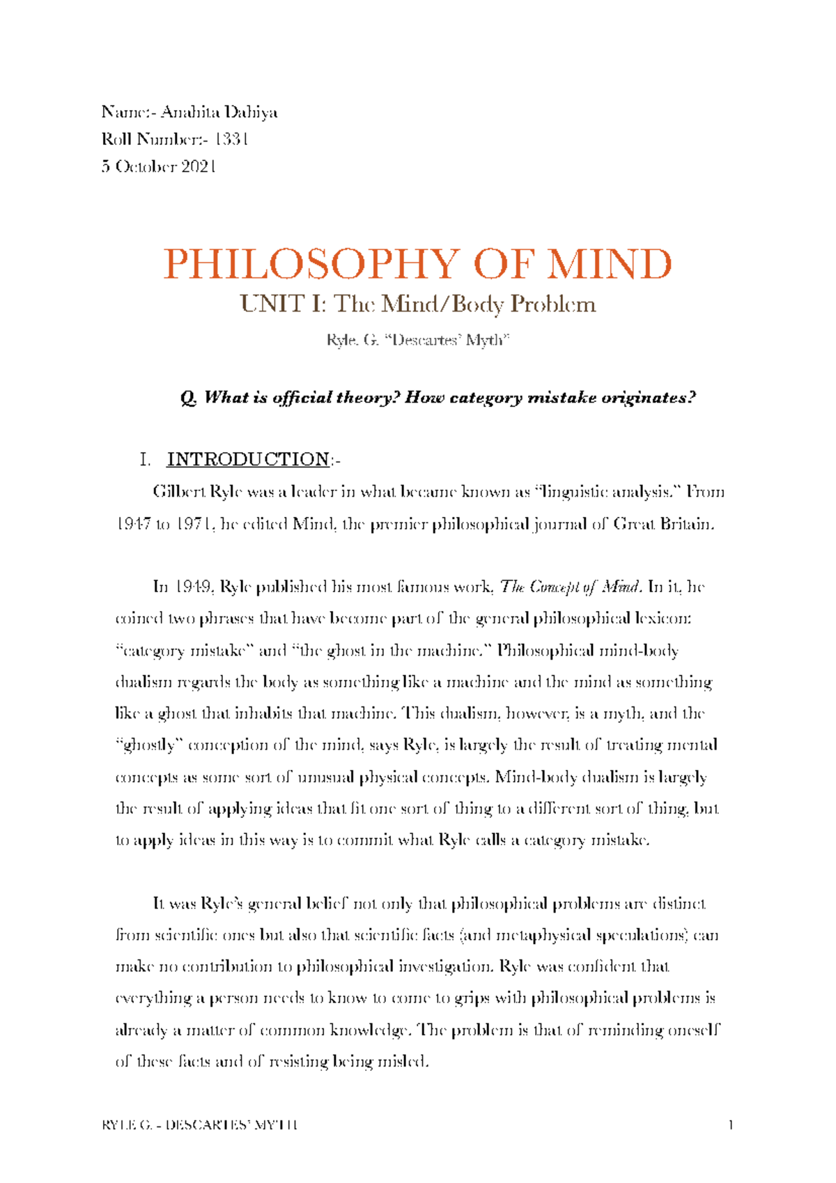 IA-2 SEM V Philosophy - Western Philosophy - Delhi University - Studocu