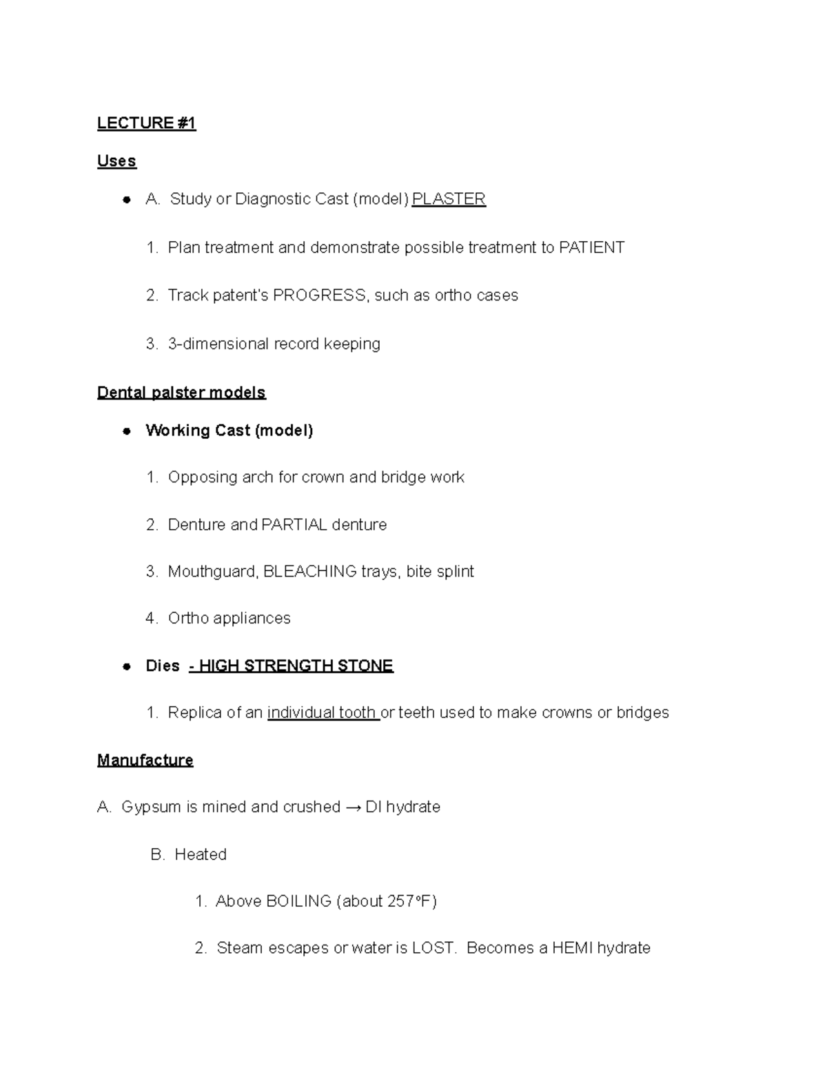 Chapter 16 Gypsum Products - LECTURE Uses A. Study or Diagnostic Cast ...