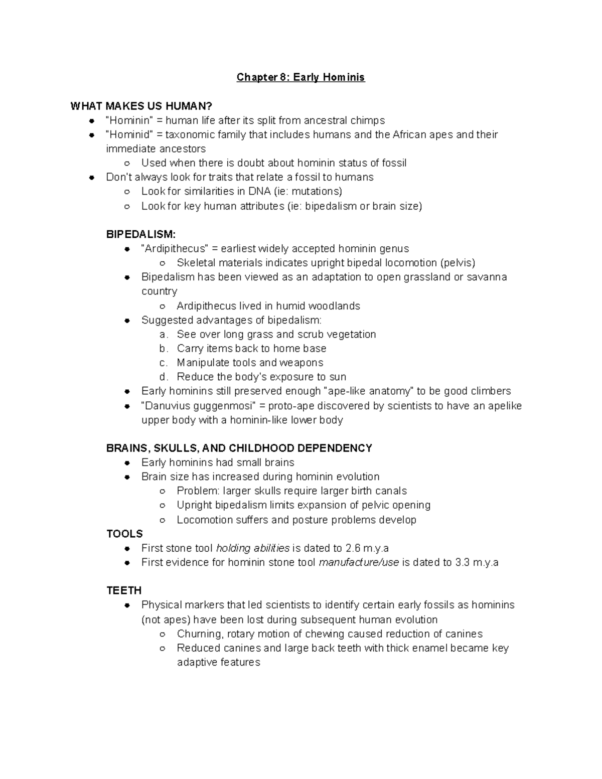 Chapter 8 Textbook Notes - Chapter 8: Early Hominis WHAT MAKES US HUMAN ...