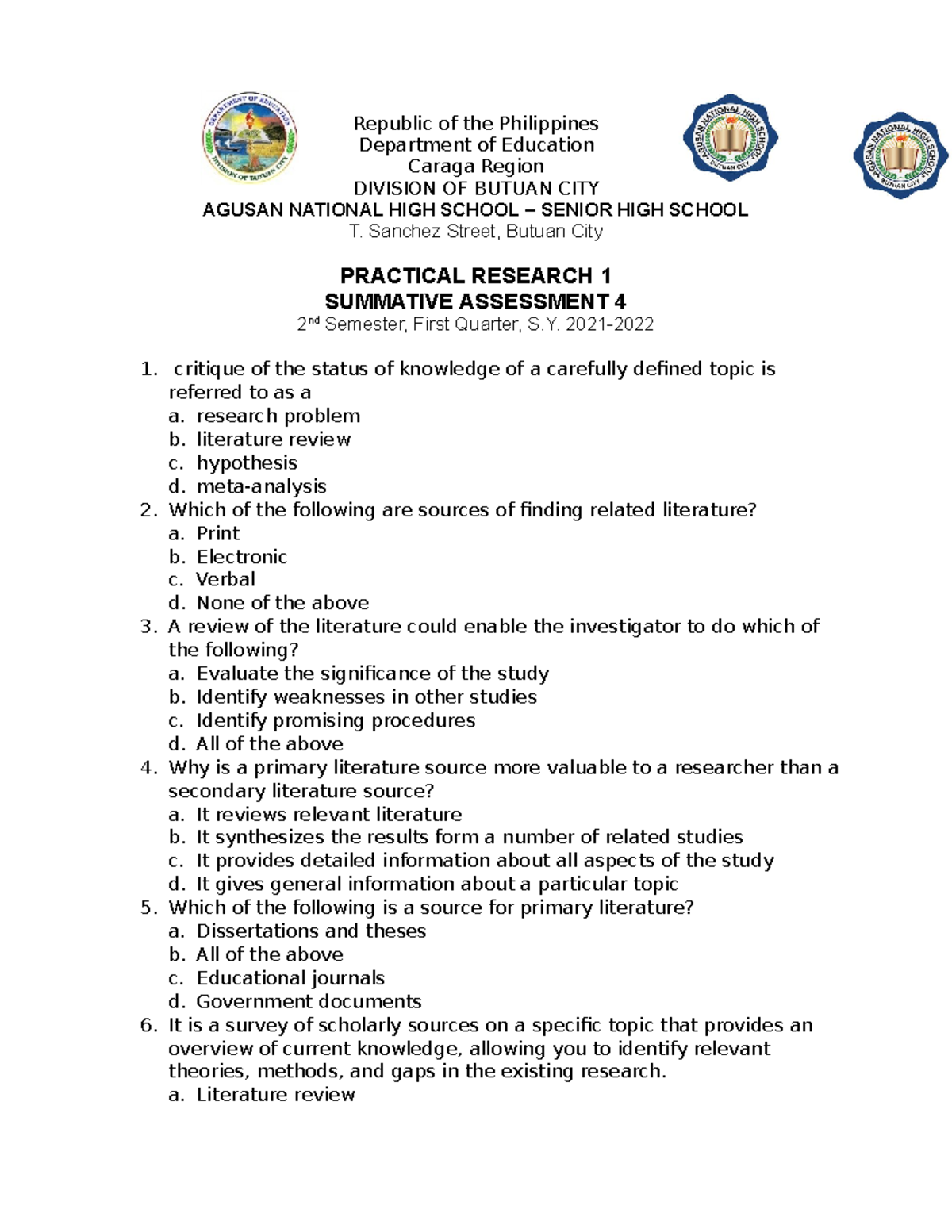 Practical Research 1 3rd Grading Summative 4 - Republic of the ...