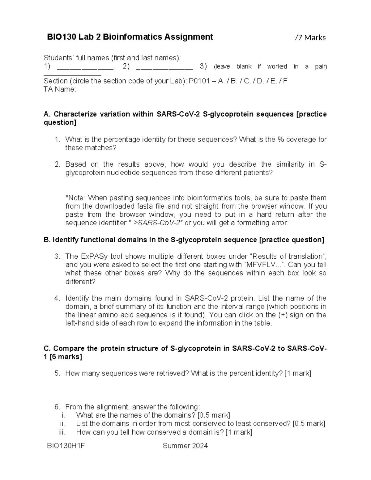 Lab 2 Bioinformatics Assignment 2024-1 - BIO130 Lab 2 Bioinformatics Assignment /7 Marks ...