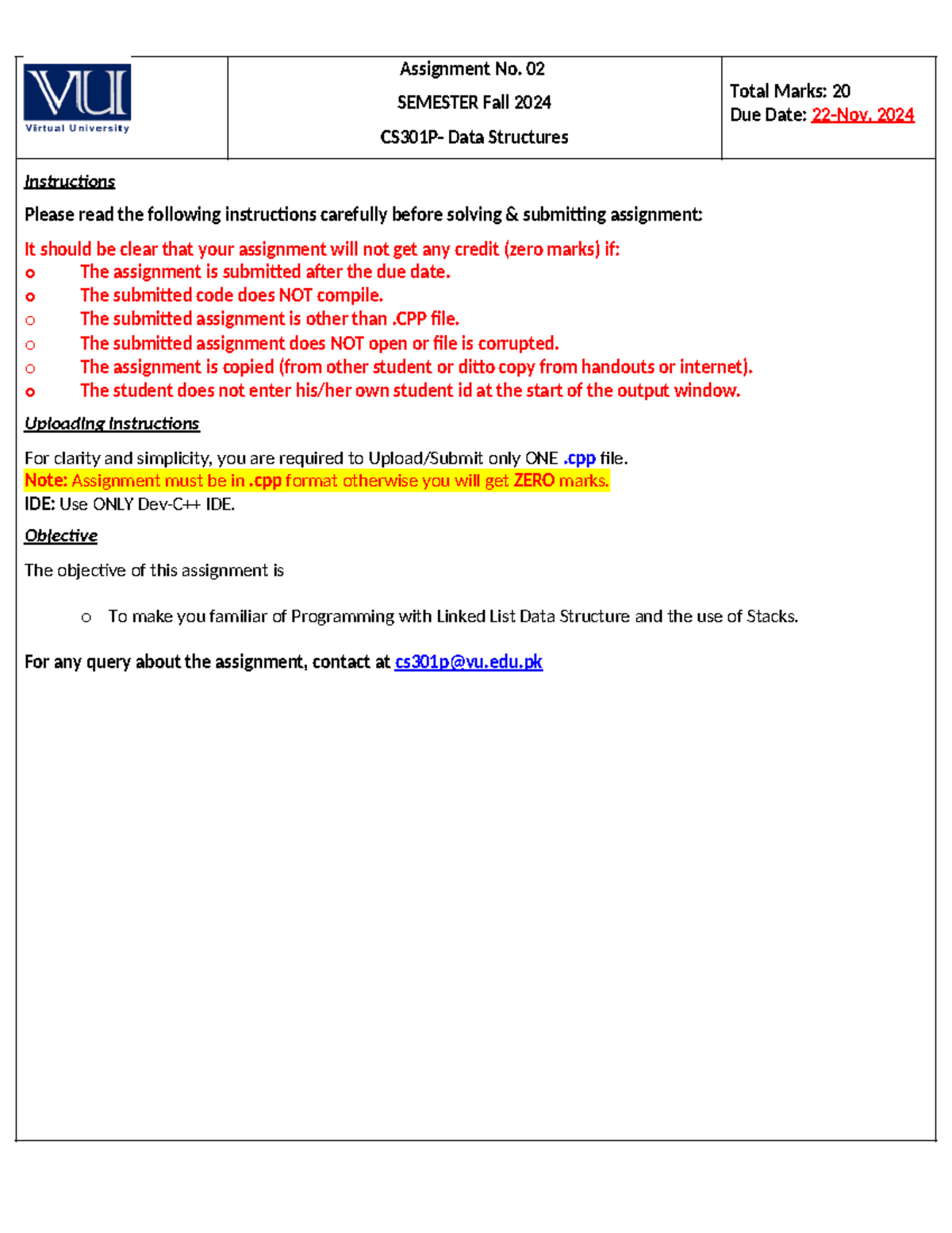 Fall 2024 CS301 P 2 - handouts - Assignment No. 02 SEMESTER Fall 2024 CS301P- Data Structures ...