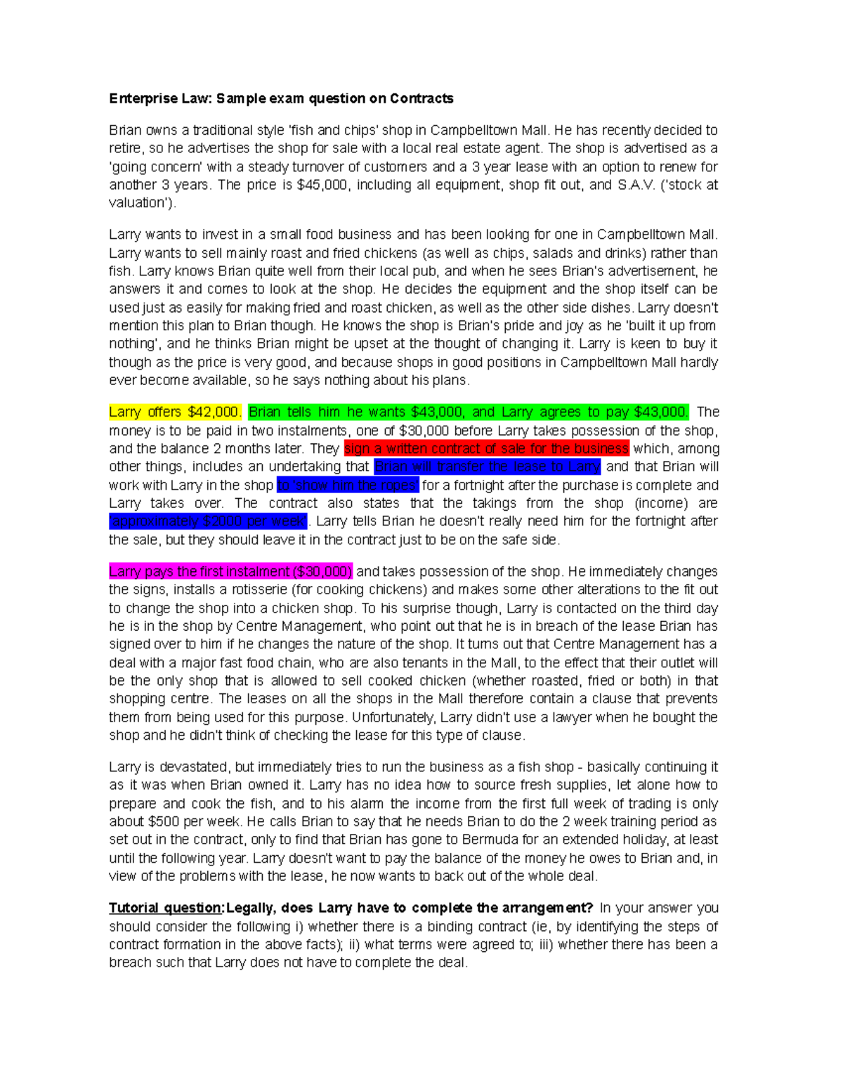 Enterprise Law - Sample exam question - Contracts - Enterprise Law ...