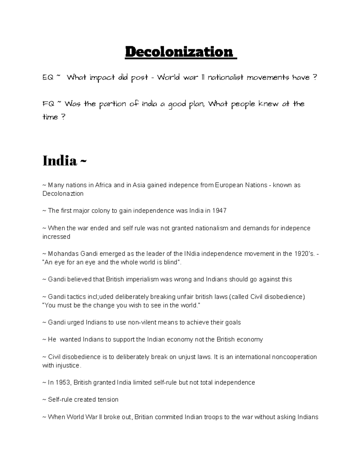 Decolonization in India and Africa - Decolonization EQ ~ What impact ...