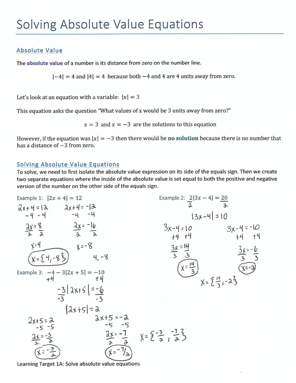 1A Notes Solving Absolute Value Equations - Studocu