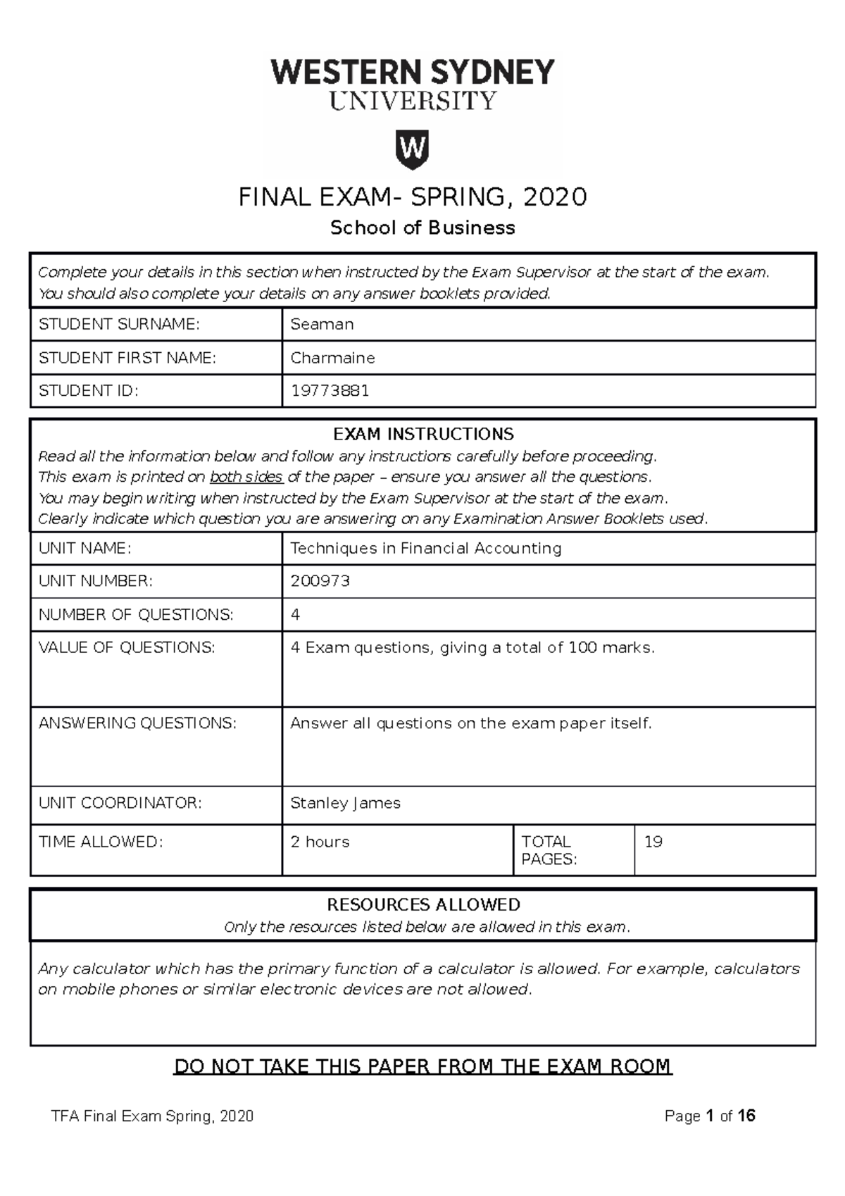 Techniques in Financial Accounting - Final Exam - FINAL EXAM- SPRING ...